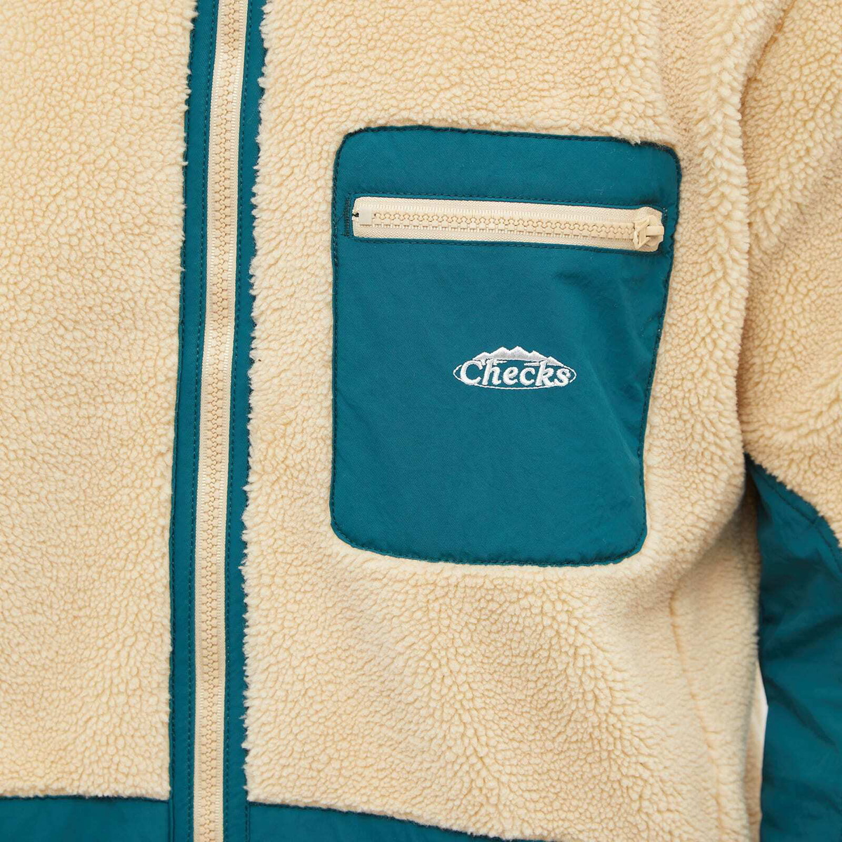 Checks Downtown Men's Boa Fleece Jacket in Beige/Dark Teal Checks Downtown