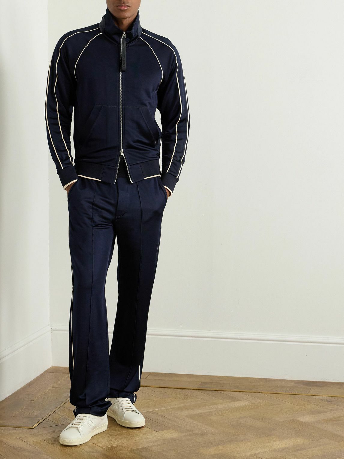 TOM FORD - Slim-Fit Leather-Trimmed Tech-Jersey Track Jacket - Blue TOM ...