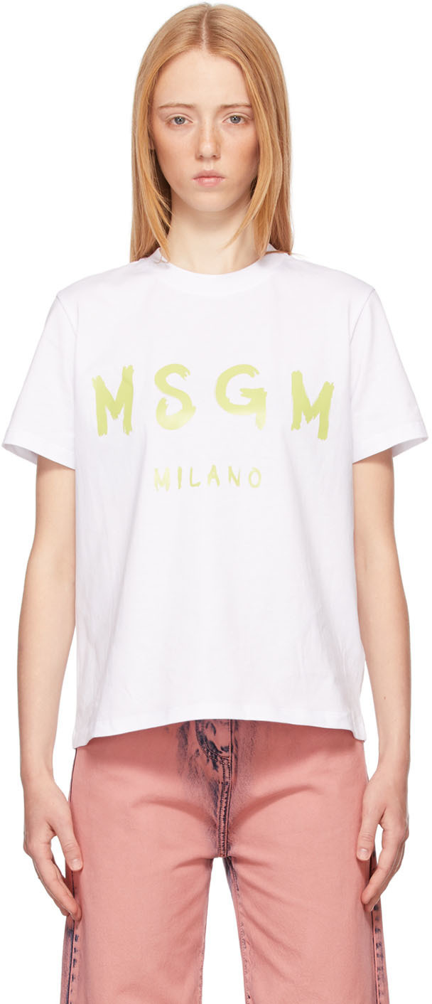 MSGM White Paint Brushed Logo T-Shirt MSGM