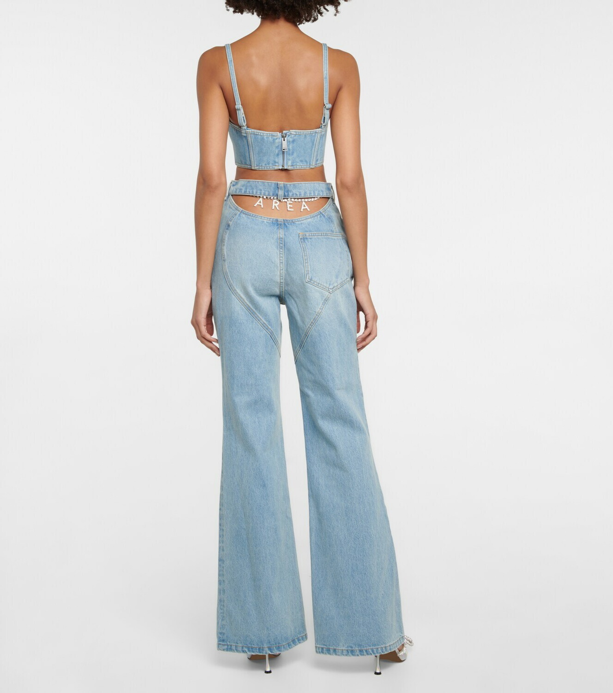 Area - Crystal-embellished denim crop top AREA