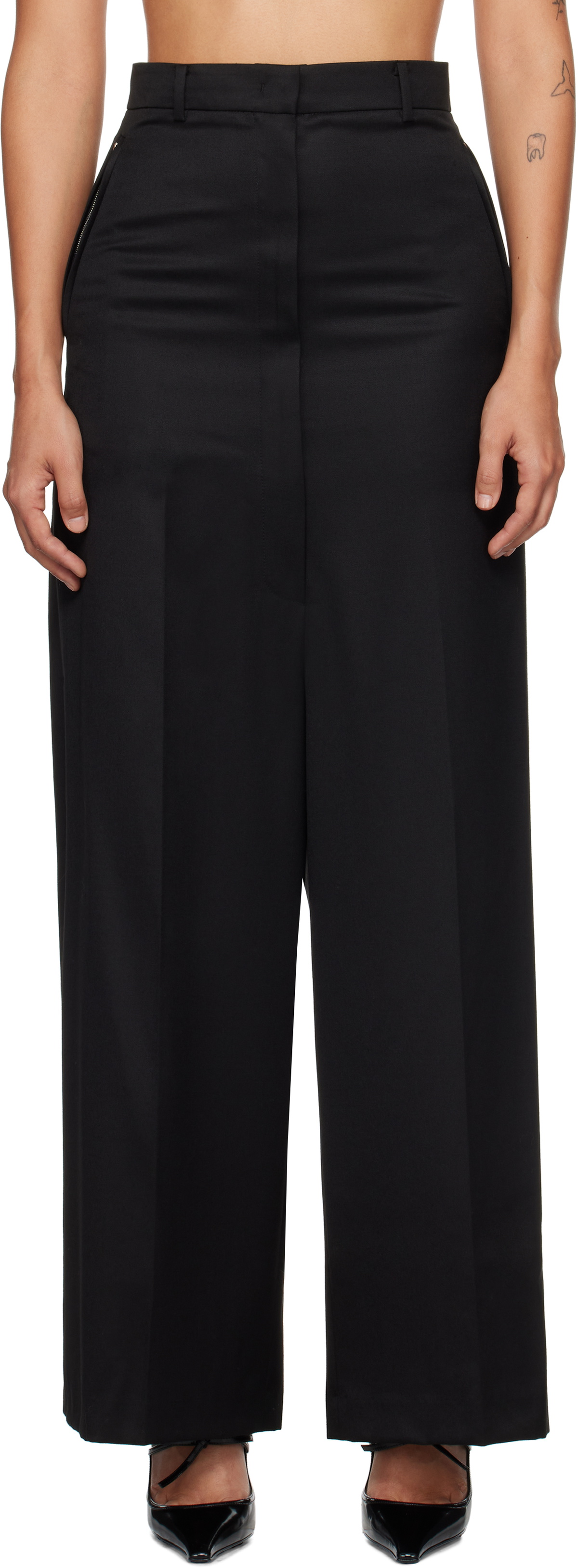 Pushbutton Black Side Folded Wide Trousers Pushbutton