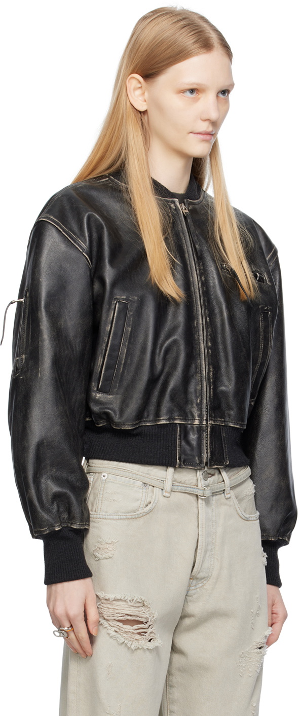Acne Studios Black Distressed Leather Bomber Jacket Acne Studios