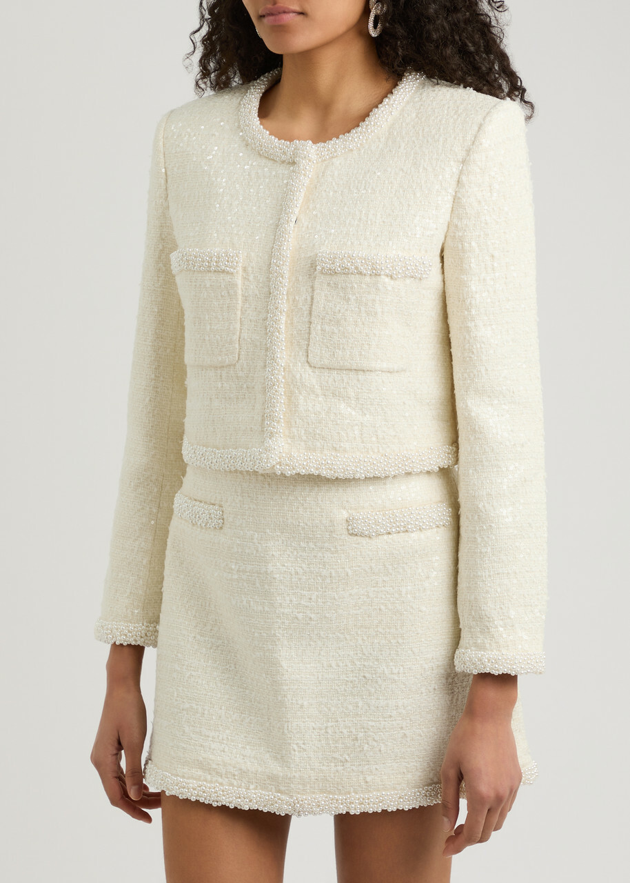 Self-portrait Pearl and Sequin-embellished Tweed Jacket Cream Self-Portrait