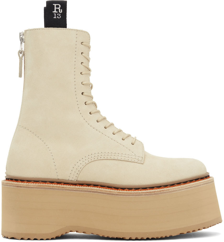 R13 Beige Suede Single Stack Lace-Up Boots R13