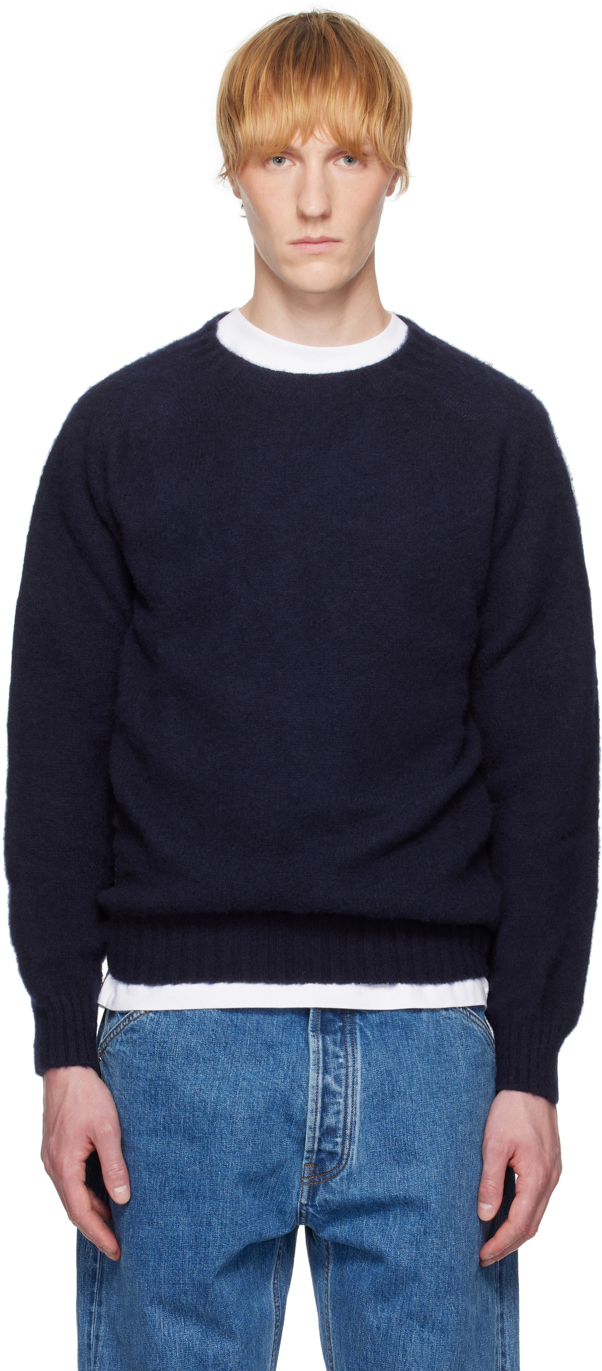 Drake's Navy Brushed Shetland Crew Neck Sweater Drake's