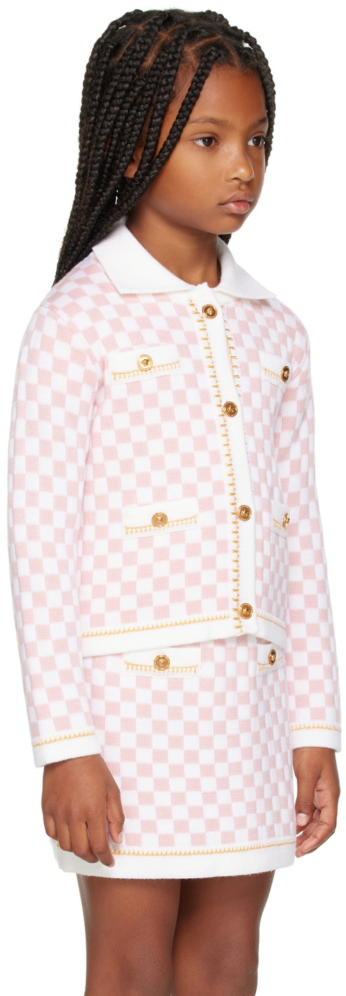 Versace Kids White & Pink Check Medusa Cardigan Versace