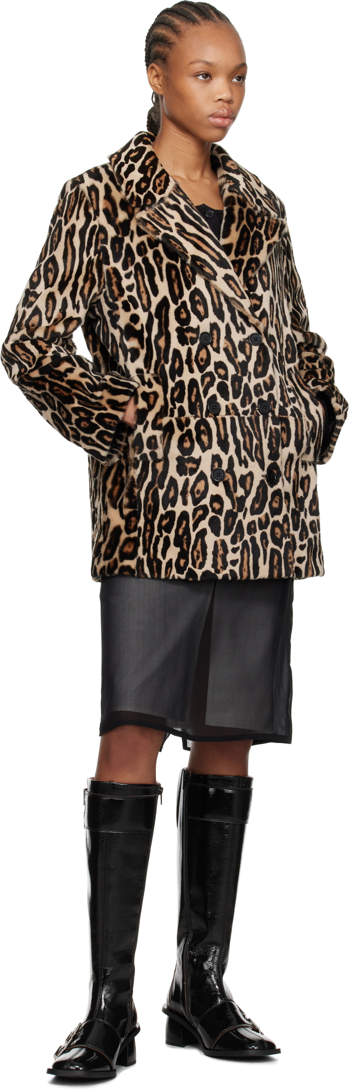 Re/Done Black & Brown Leopard Shearling Peacoat Re/Done