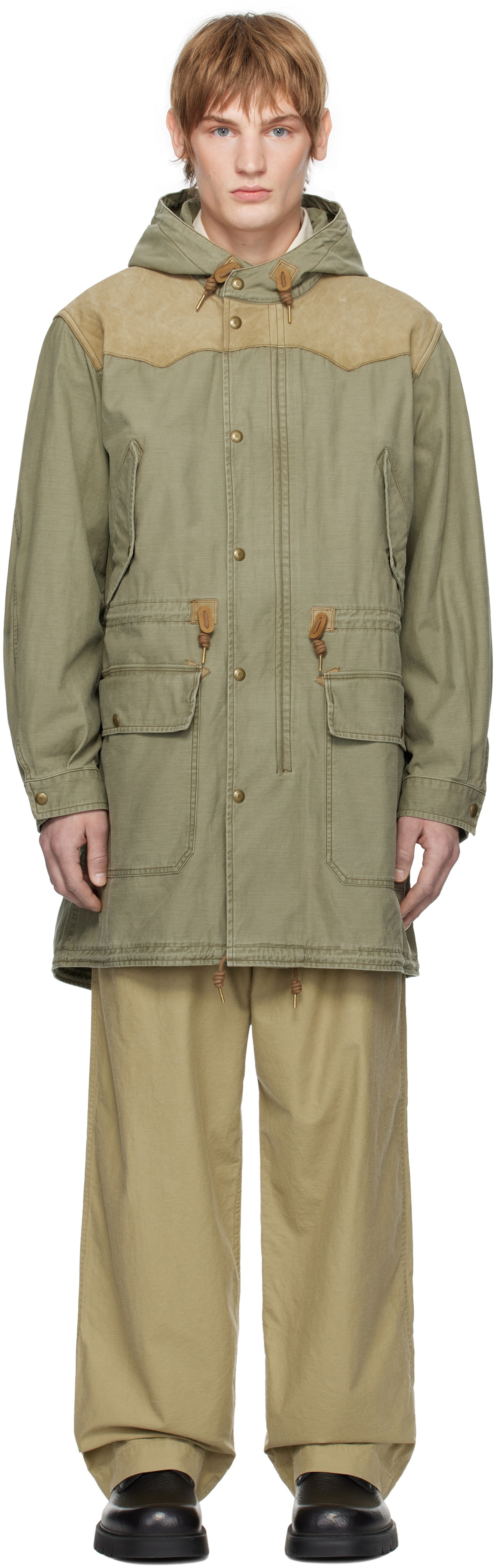 RRL Khaki Leather-Yoke Sateen Jacket RRL