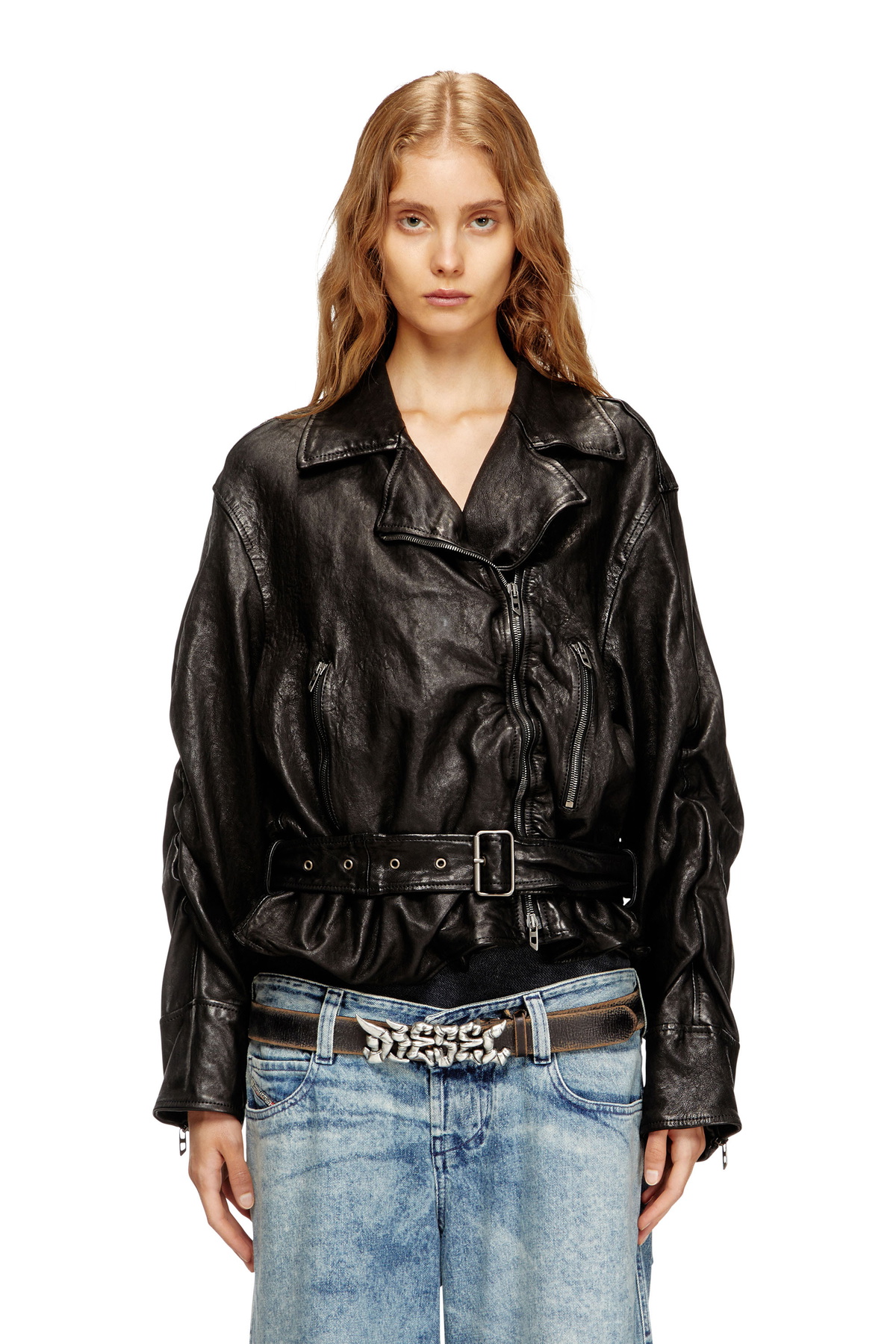 Diesel Belted jacket in boiled leather - Leather jackets Womens in ...