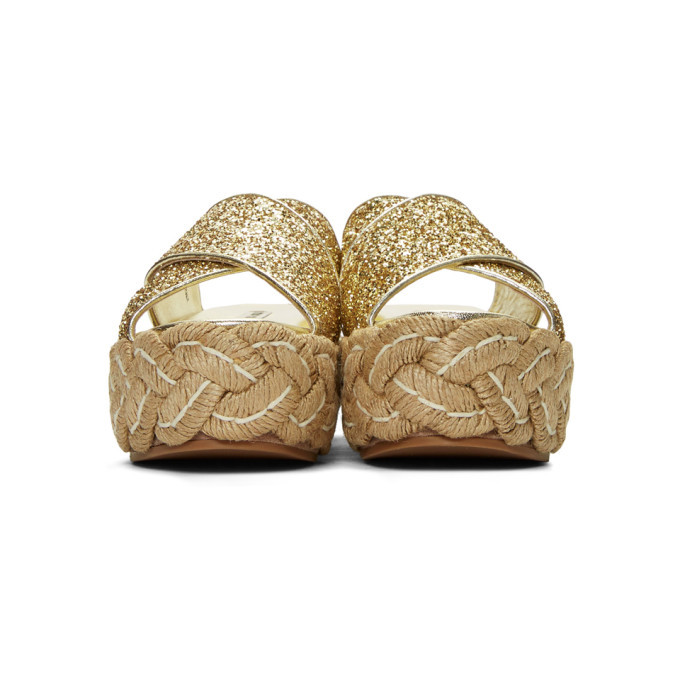 Miu Miu Gold Glitter Criss Cross Raffla Platform Sandals Miu Miu