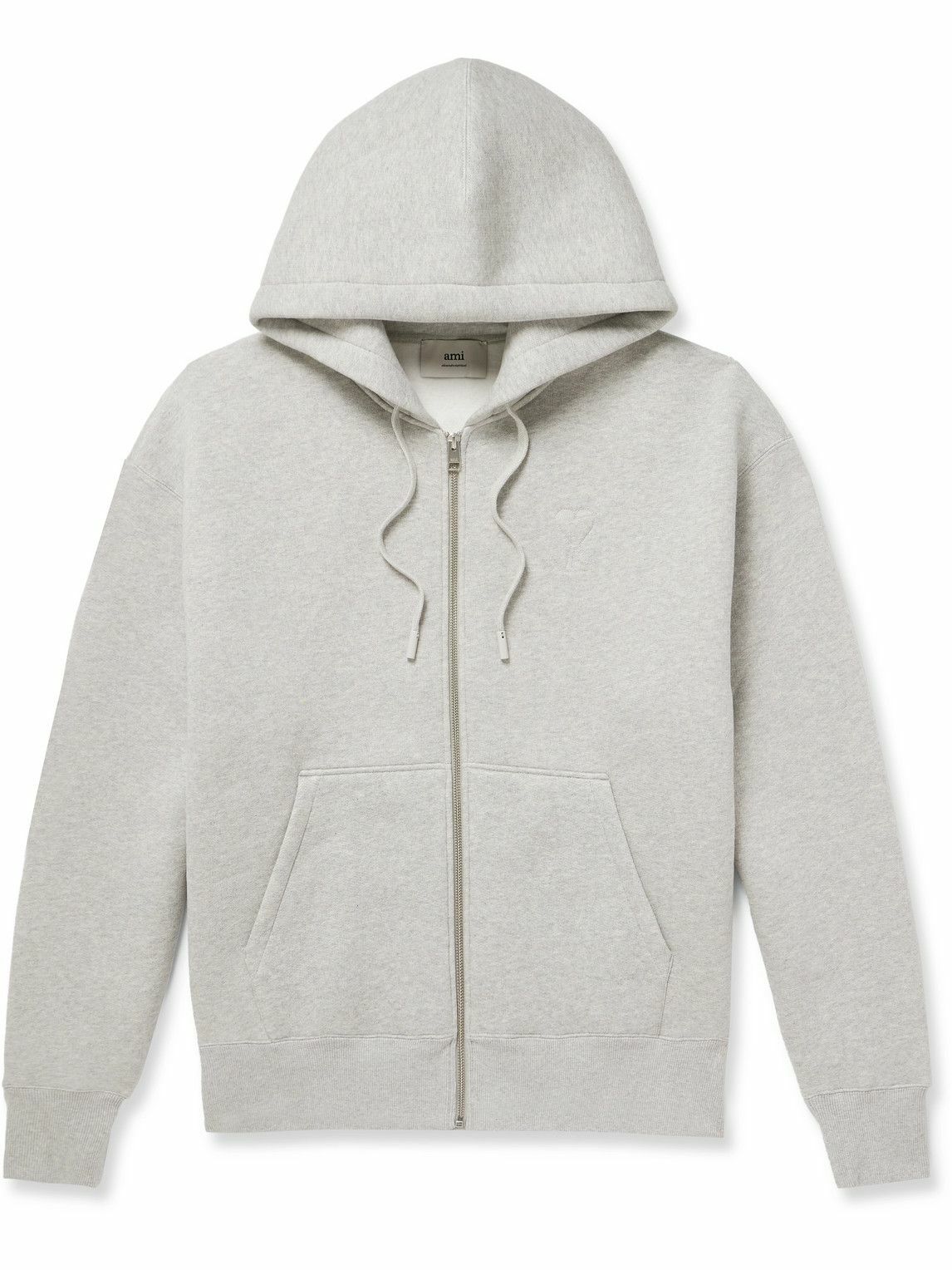 AMI PARIS - Logo-Embroidered Cotton-Blend Jersey Zip-Up Hoodie - Gray AMI