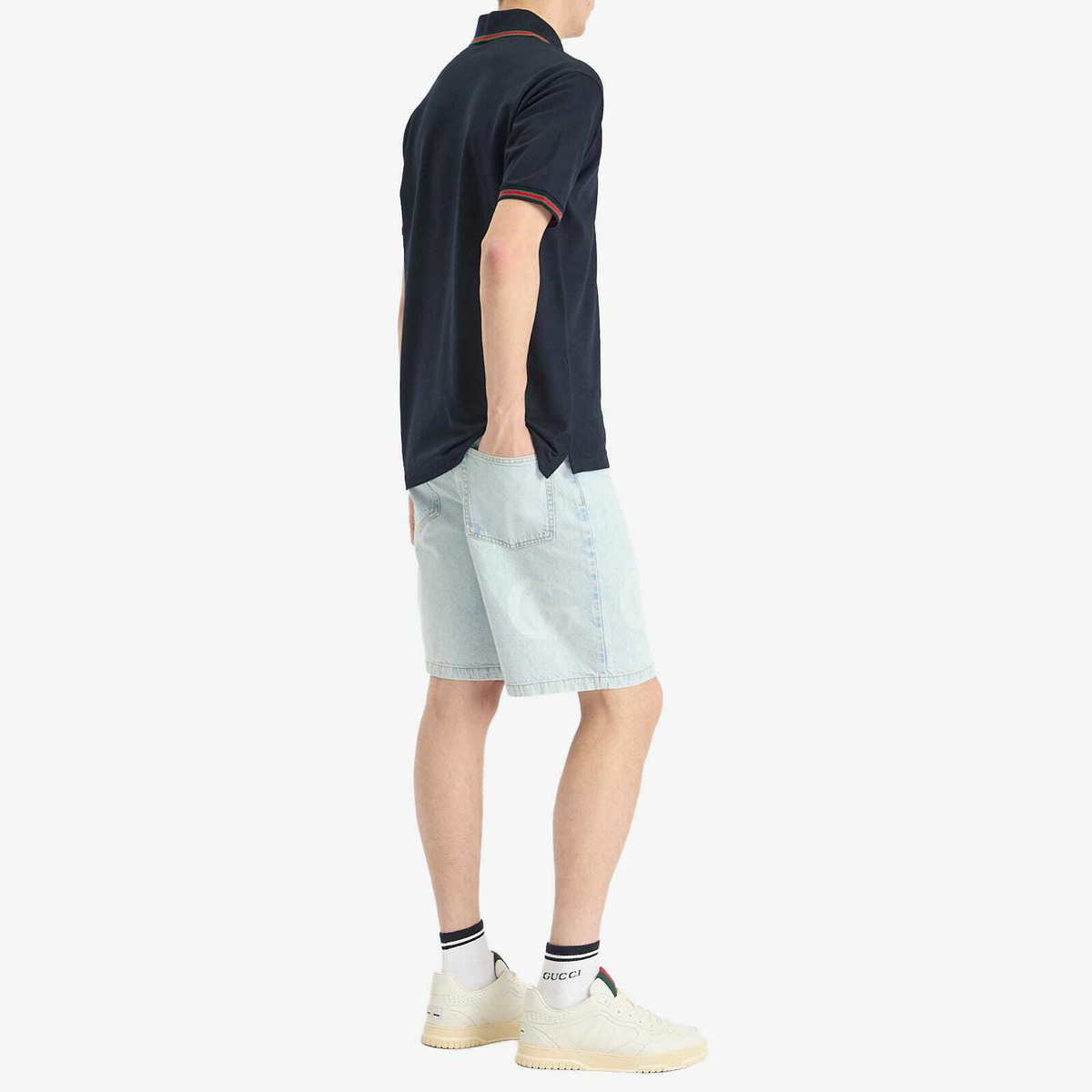 Gucci Men's Bleach Wash Denim Shorts in Light Blue/Ivory Gucci