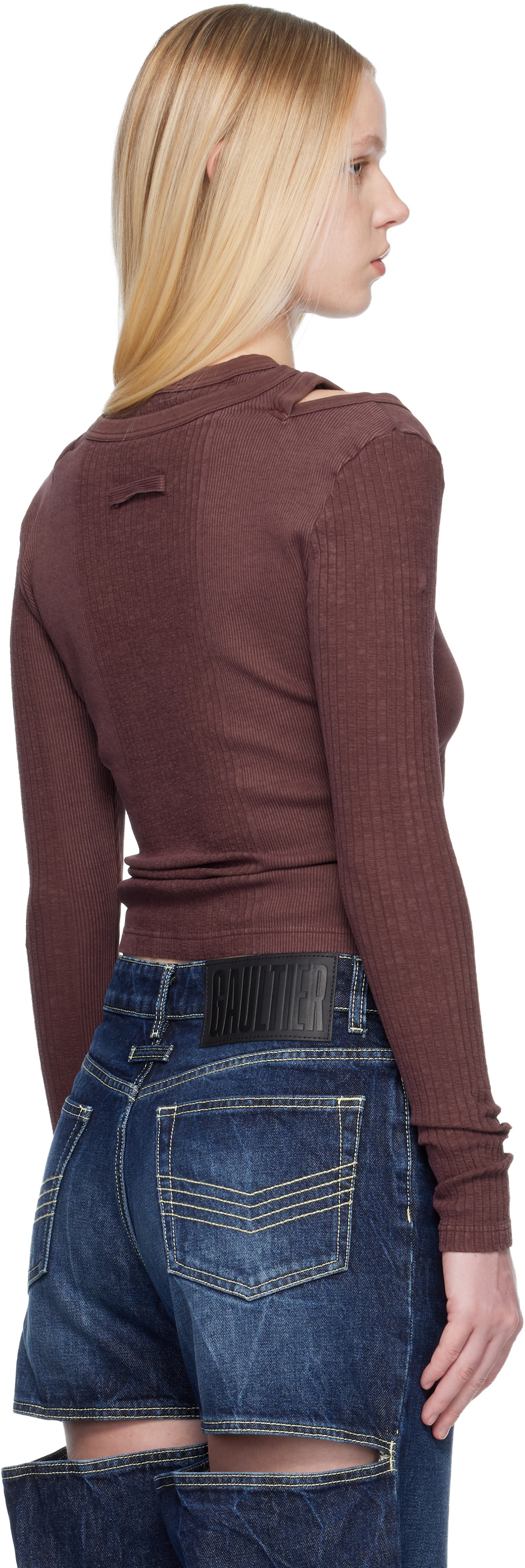 Jean Paul Gaultier Burgundy Rib Cutout Fastener Top Jean Paul Gaultier