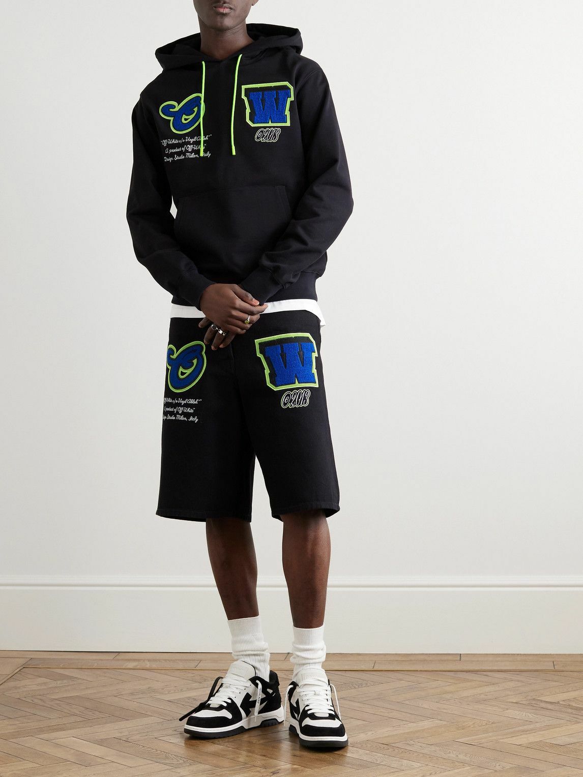 Off-White - Embroidered Appliquéd Stretch-Cotton Jersey Hoodie - Black ...