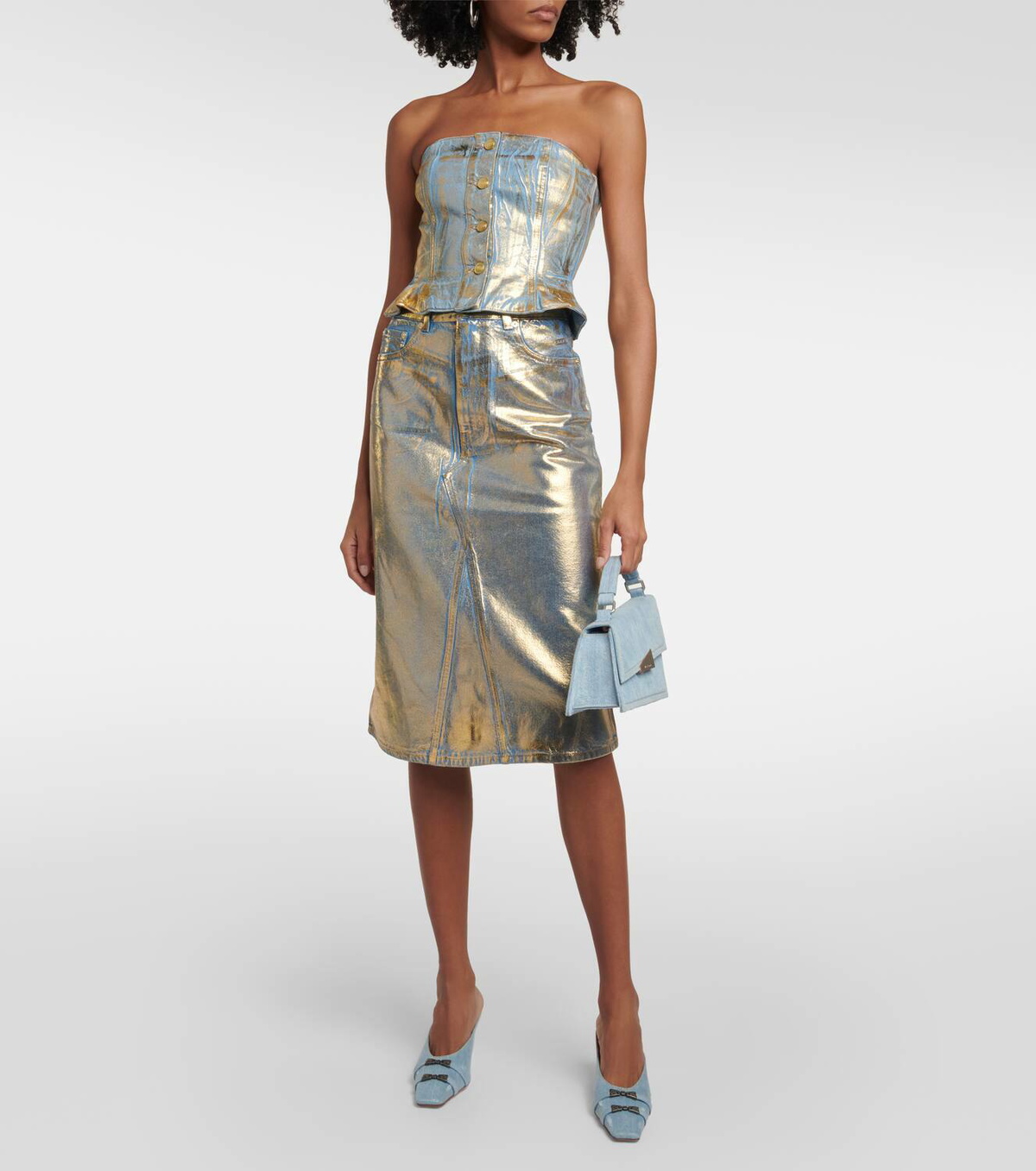 Ganni Gold-foiled denim midi skirt GANNI