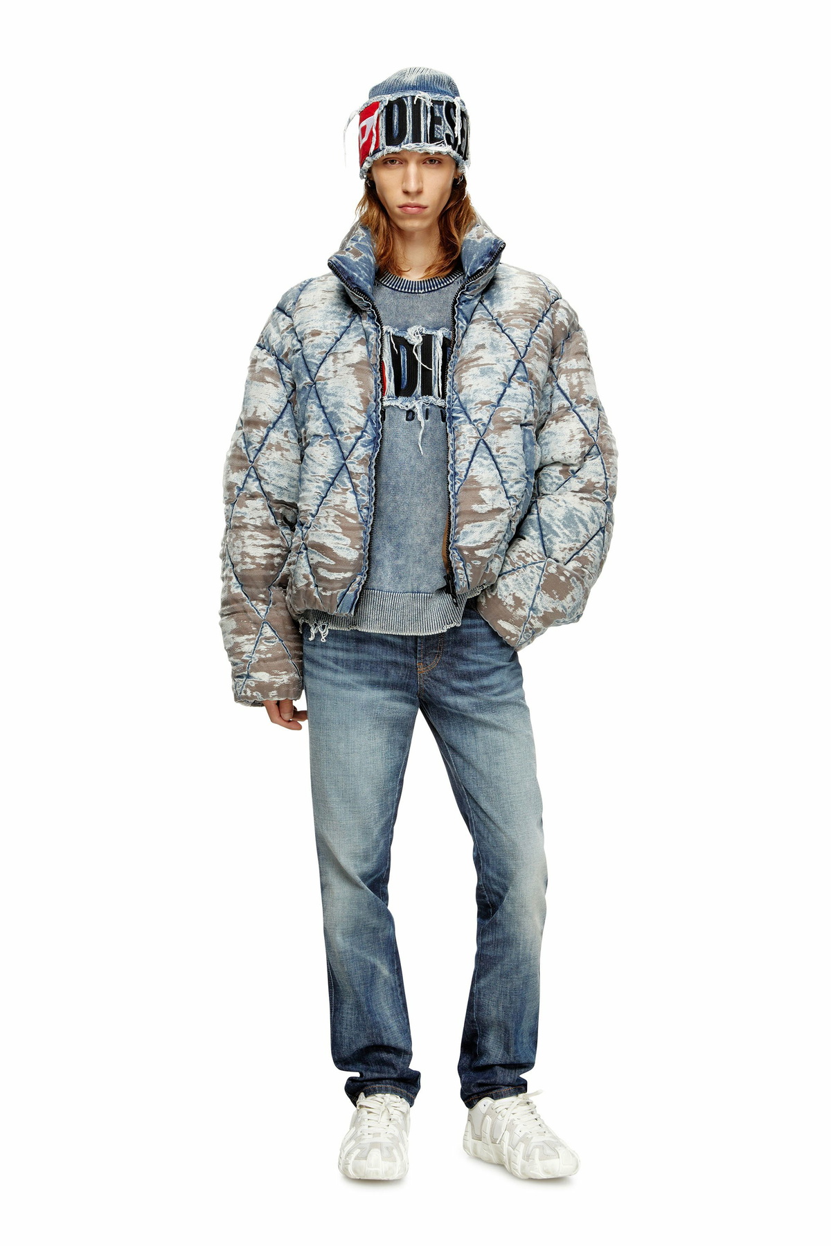 Diesel Padded jacket in argyle-quilted devoré denim - Winter Jackets ...