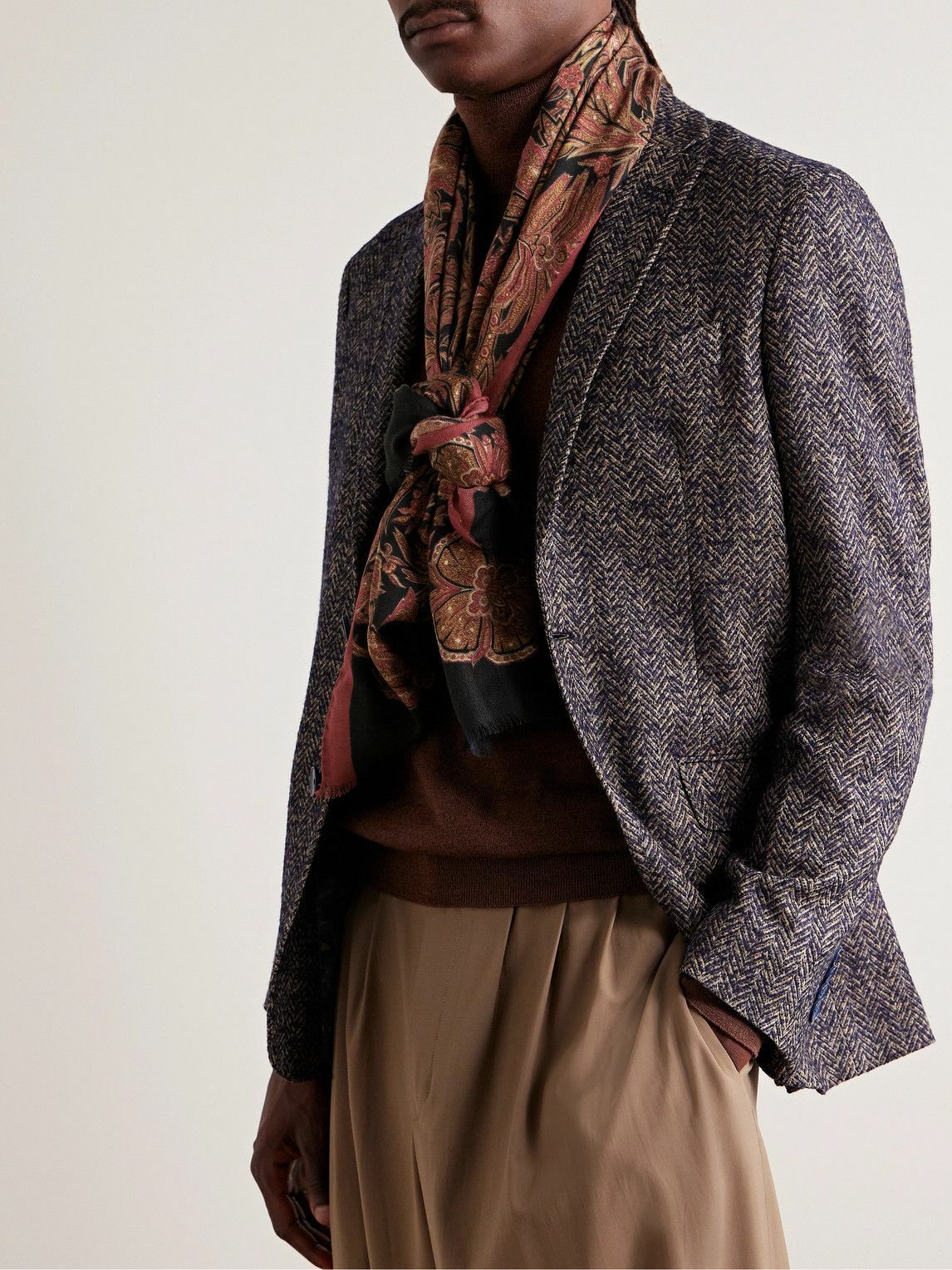 Etro - Fringed Printed Herringbone Cashmere and Silk-Blend Scarf Etro