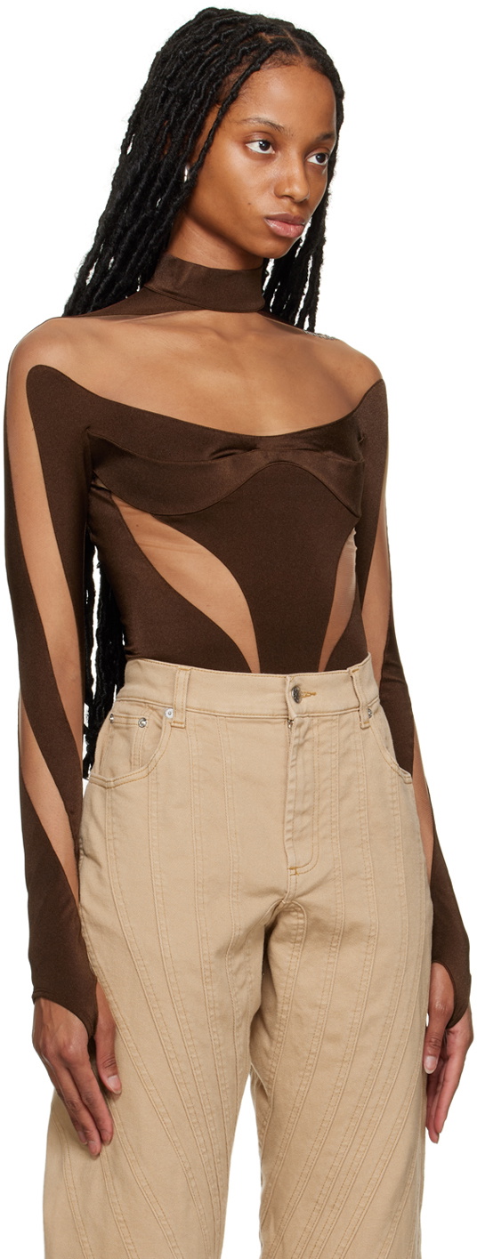 Mugler Brown Illusion Neckline Bodysuit Mugler