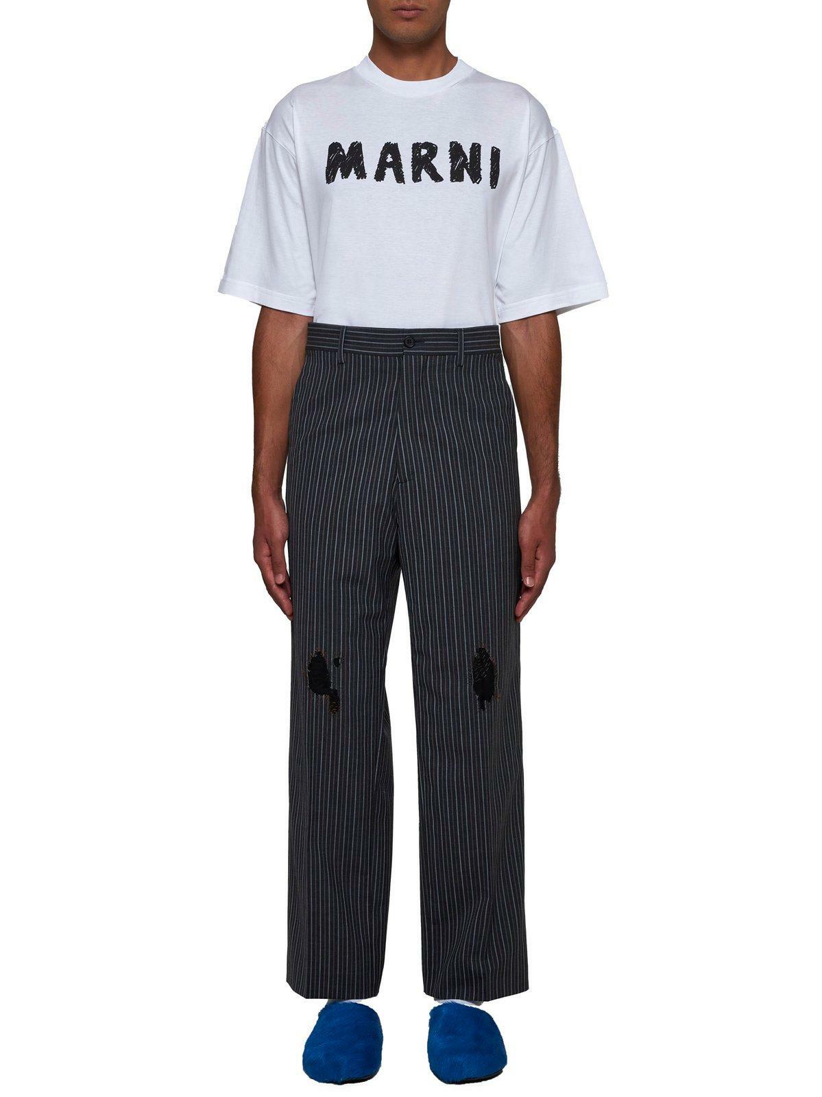 Marni Patch Stitched Distressed Pinstripe Trousers Marni