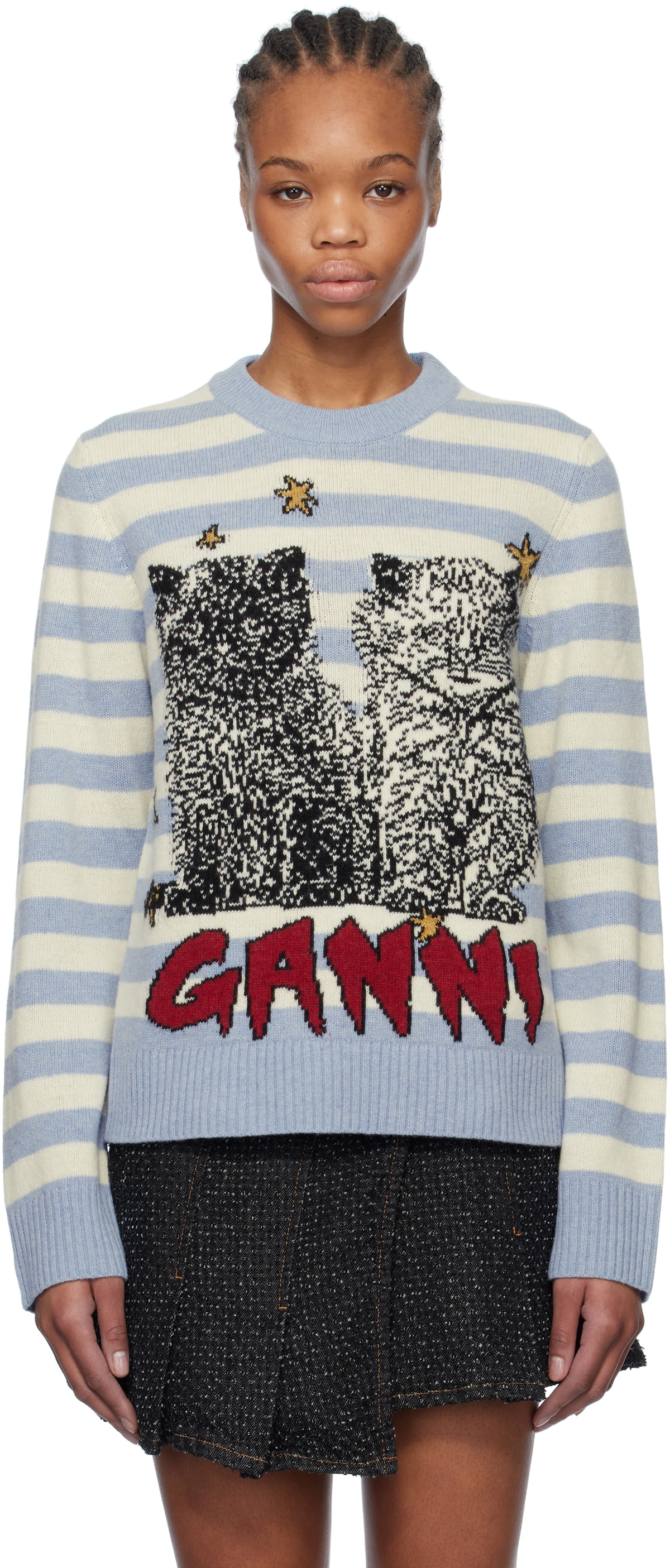 GANNI Blue & White Striped Graphic Cat Sweater GANNI