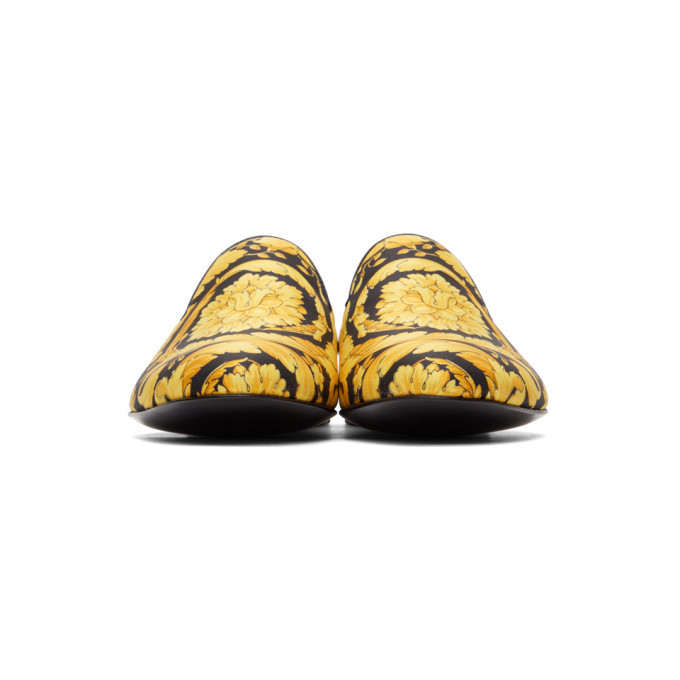 Versace Black and Yellow Silk Barocco Loafers Versace