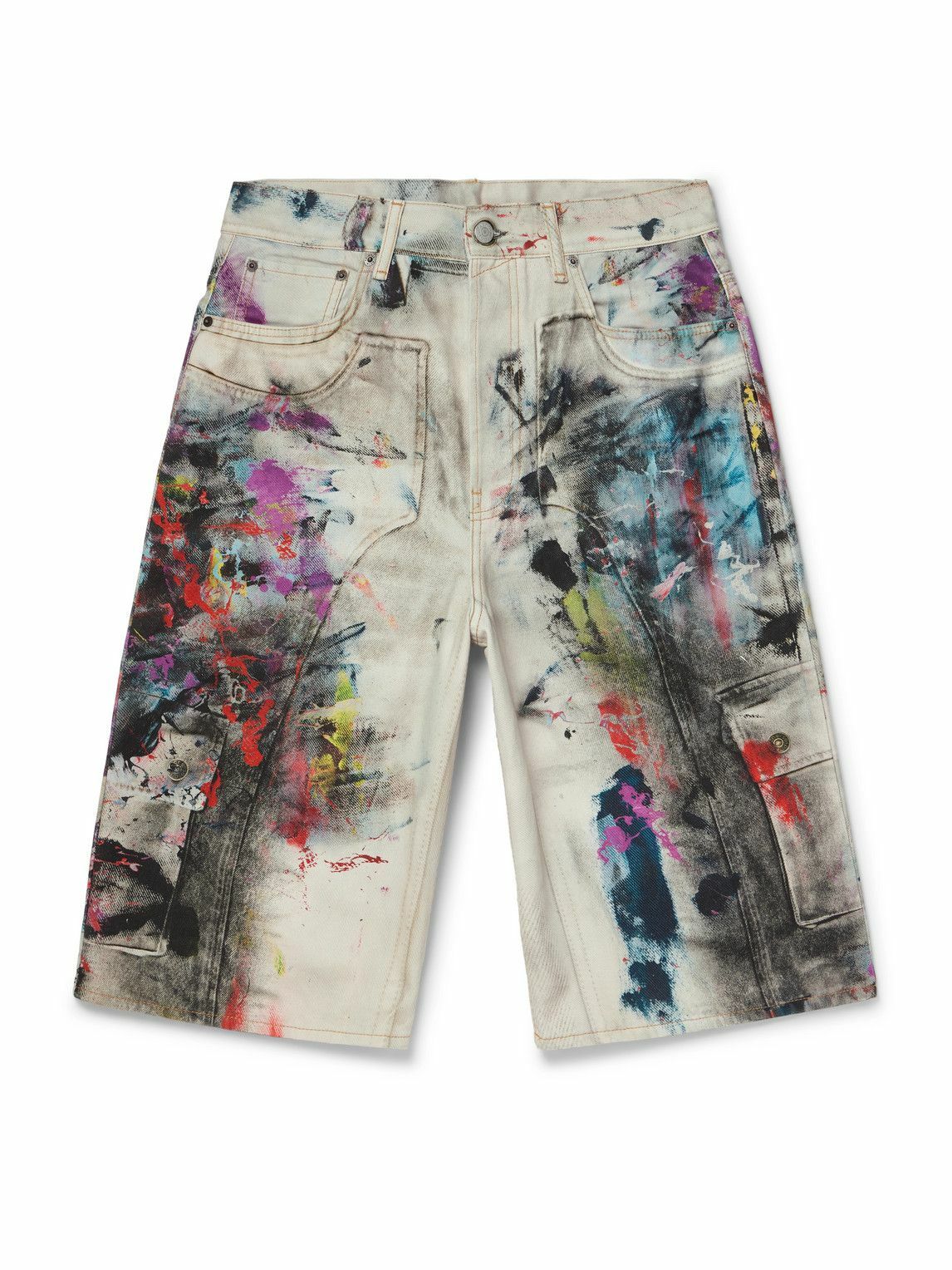 Acne Studios - Judda Wide-Leg Distressed Paint-Splattered Denim Shorts ...