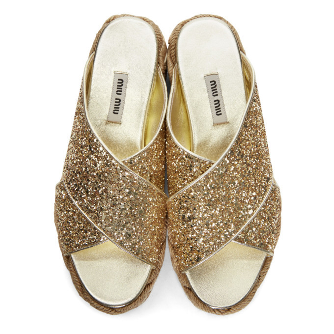 Miu Miu Gold Glitter Criss Cross Raffla Platform Sandals Miu Miu