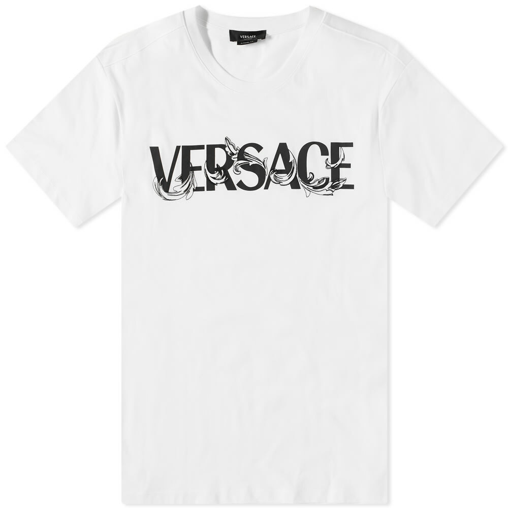 Versace Men's Baroque Text Logo T-Shirt in White/Black Versace