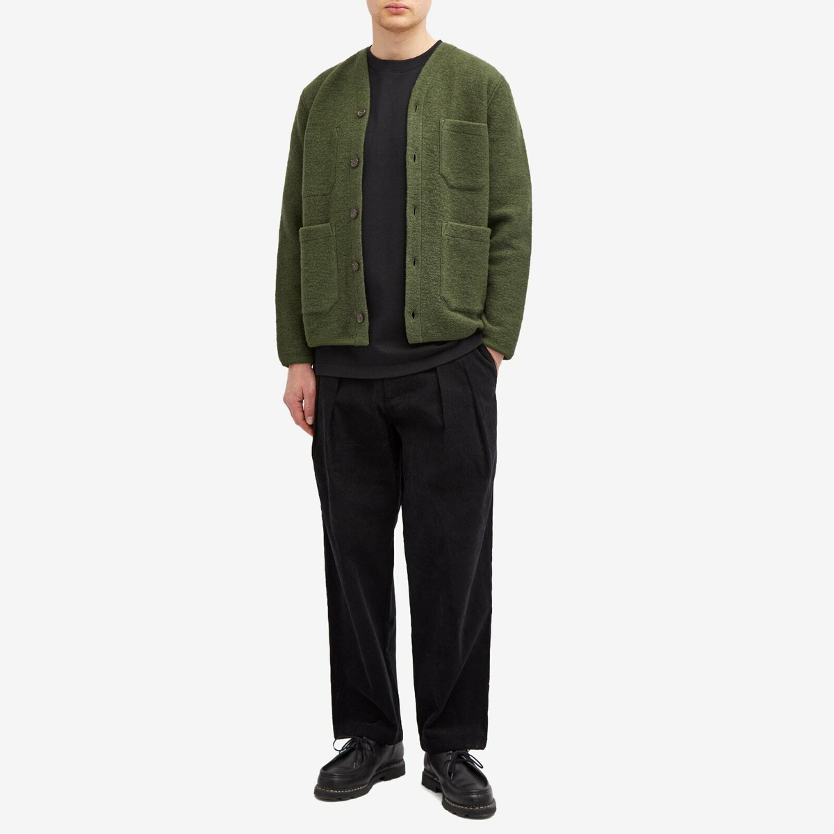 Universal Works Men's Wool Fleece Cardigan in Olive Universal Works