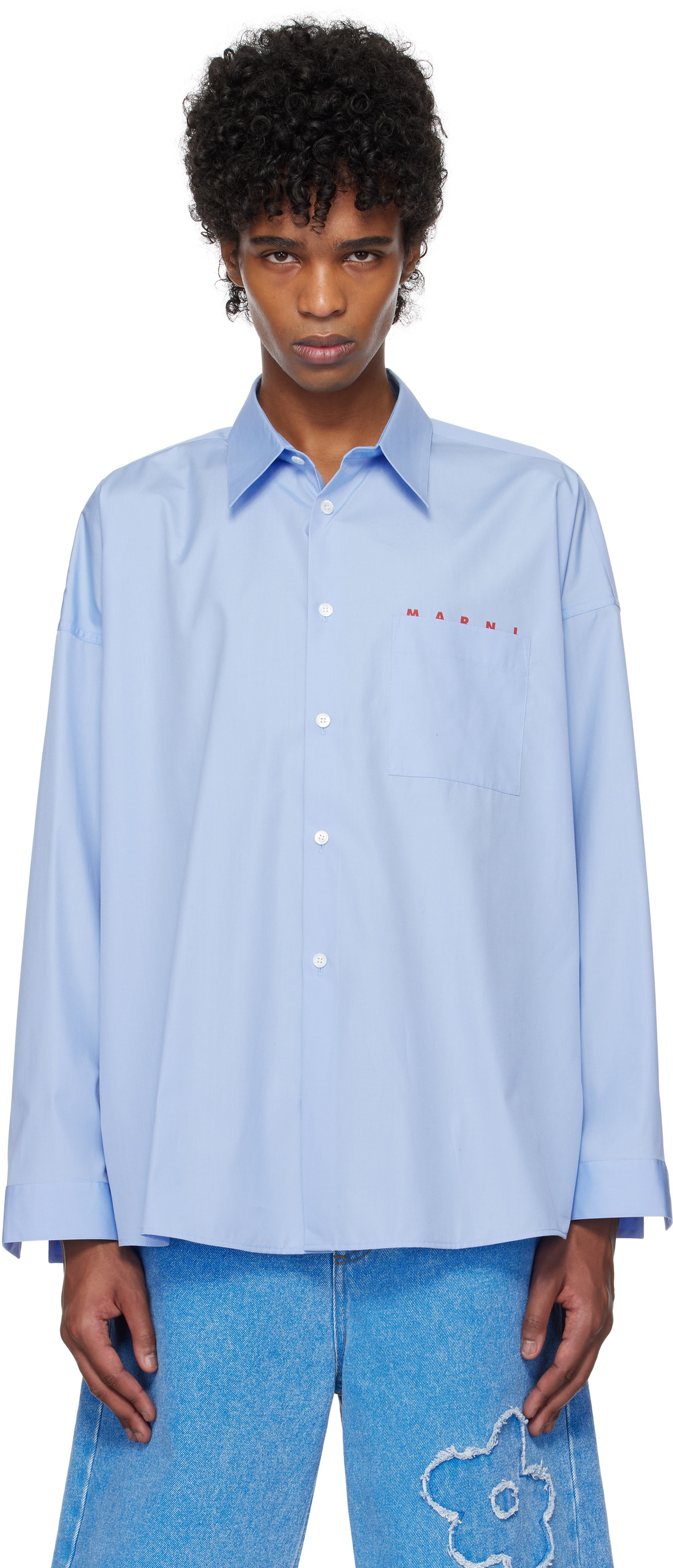 Marni Blue Peeping Marni Logo Shirt Marni