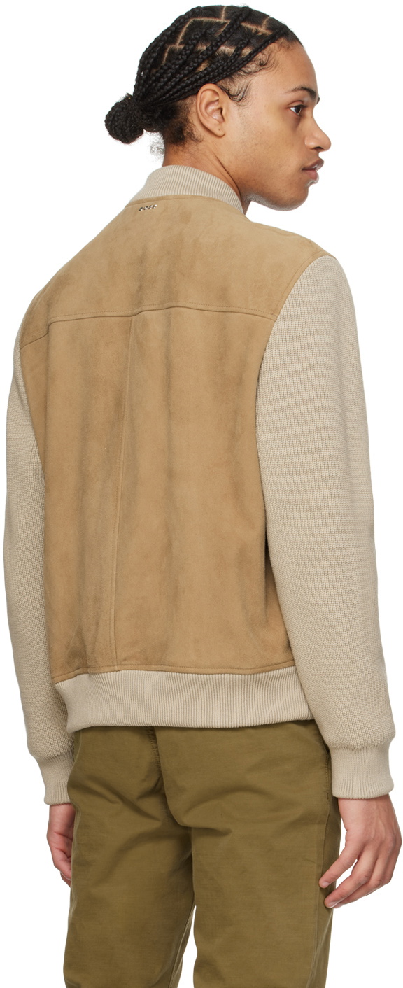BOSS Beige Paneled Leather Bomber Jacket BOSS