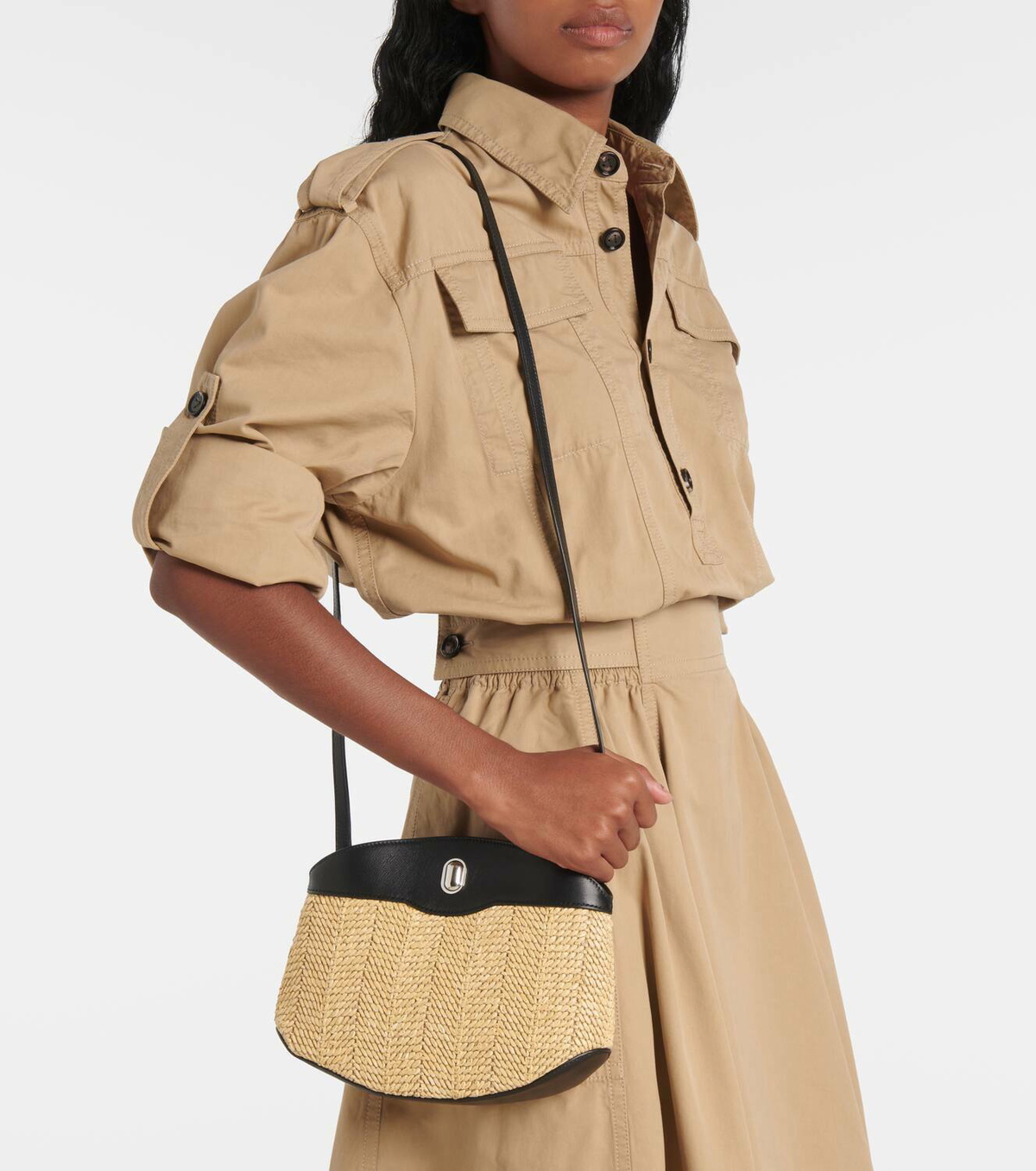 Savette Tondo leather-trimmed raffia crossbody bag Savette