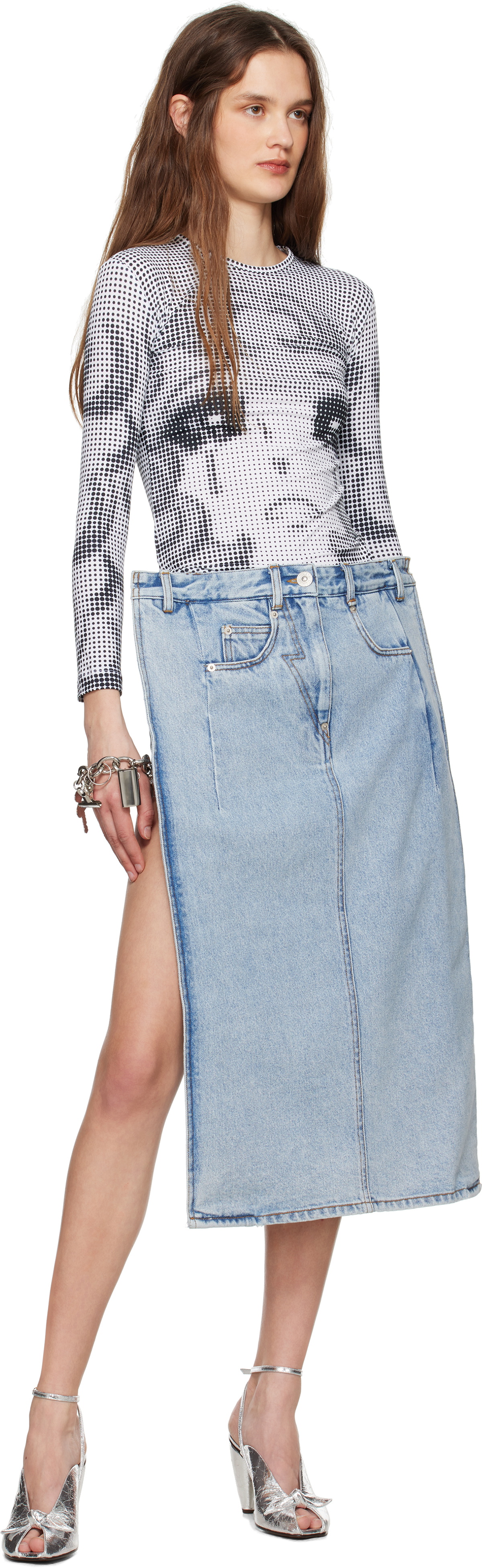 Pushbutton Blue Back Panty Square Denim Midi Skirt Pushbutton