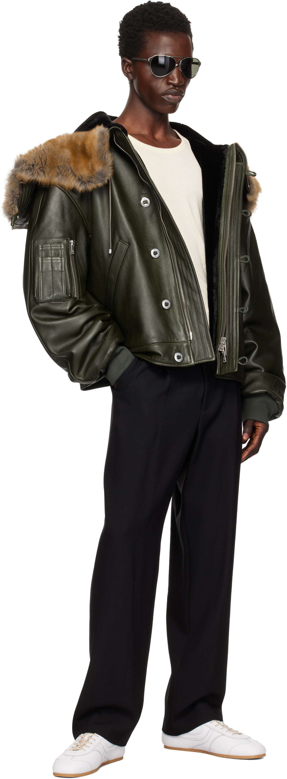 Moose Knuckles Green AJR Split Hood Leather Bomber Jacket Moose Knuckles