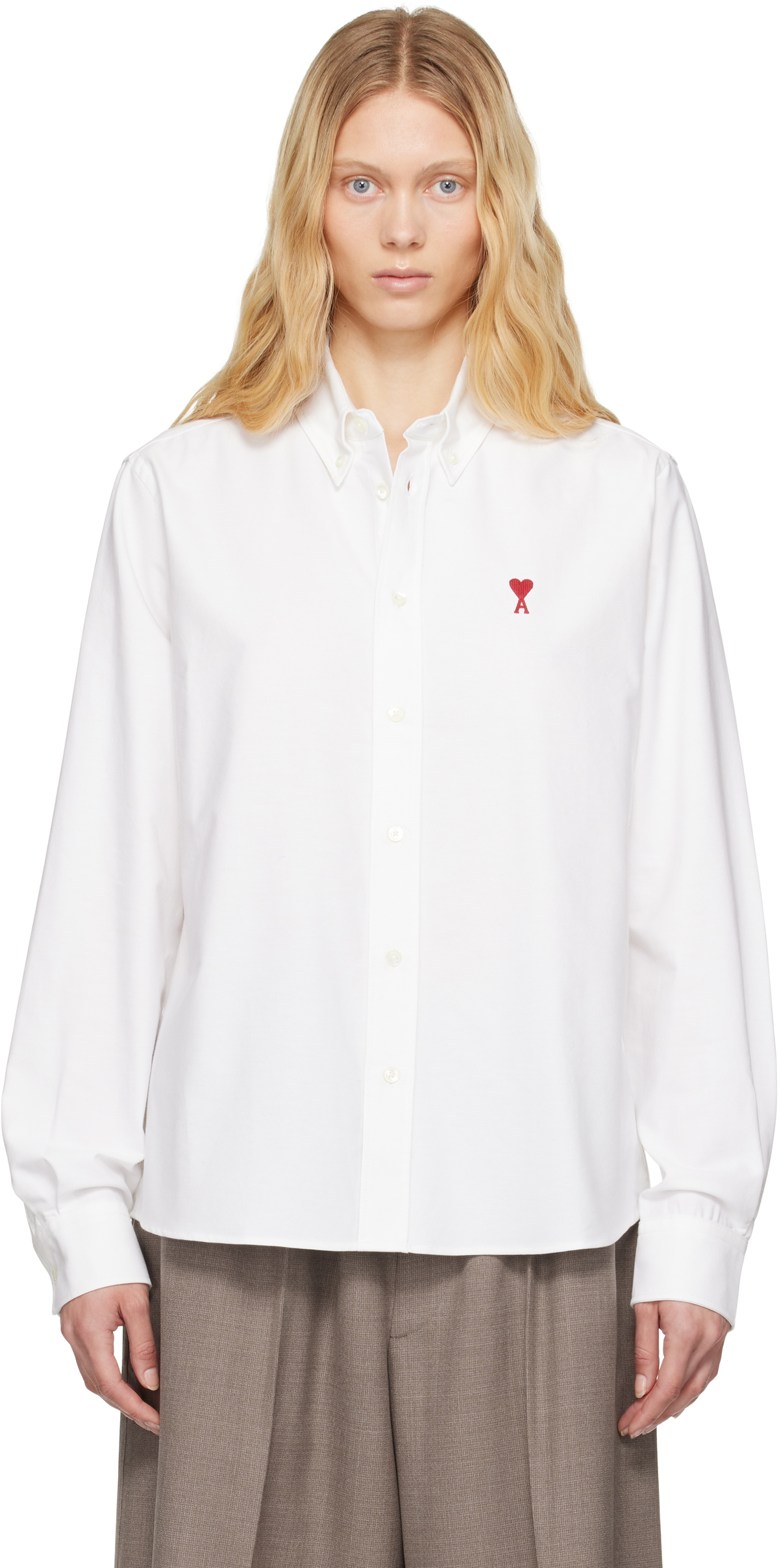 AMI Paris White Cotton Button-Down Ami de Coeur Shirt AMI
