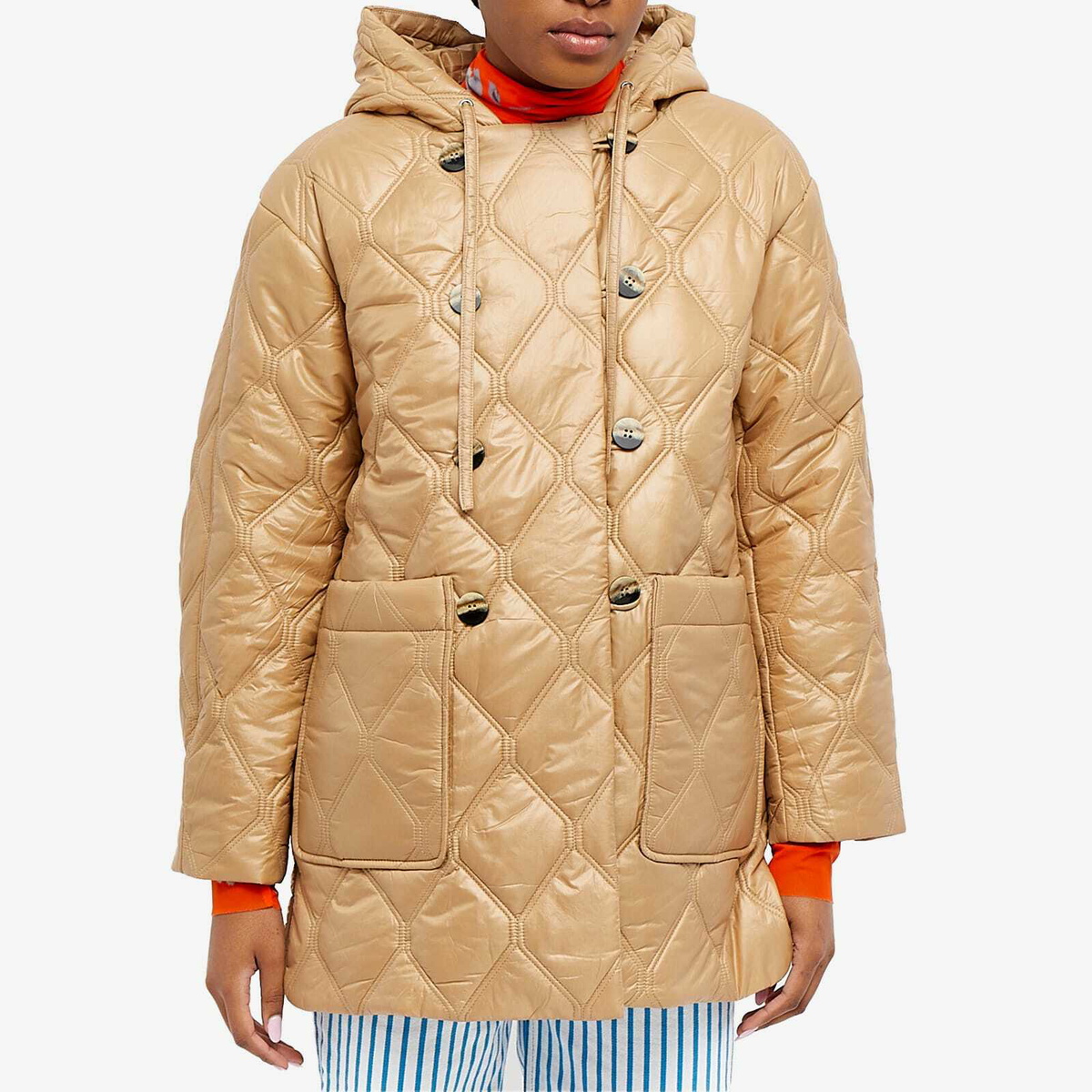 GANNI Women's Shiny Quilt Hooded Jacket in Tanin GANNI