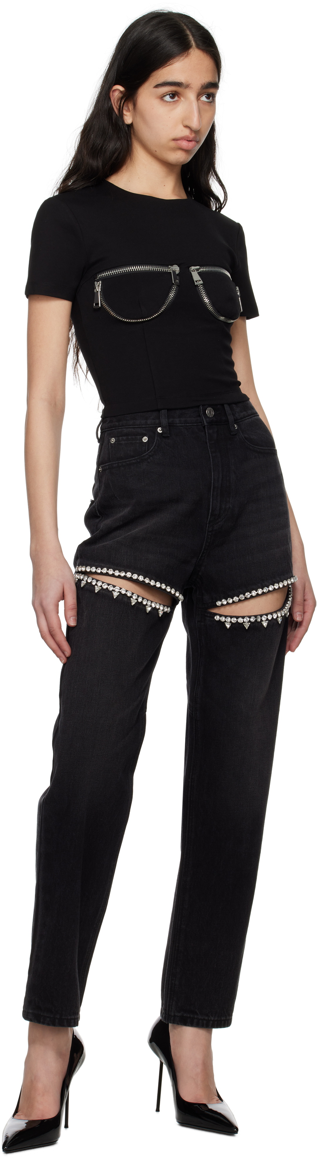 AREA Black Crystal Slit Jeans AREA