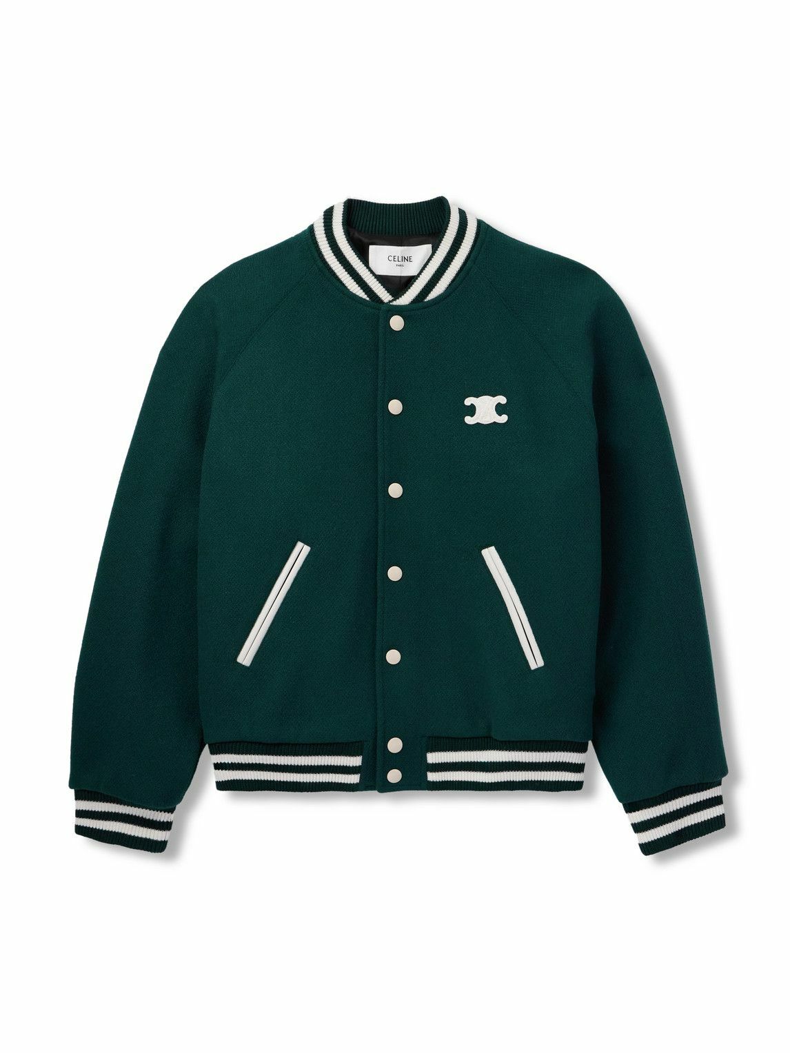CELINE - Teddy Triomphe Leather-Trimmed Wool-Blend Varsity Jacket ...