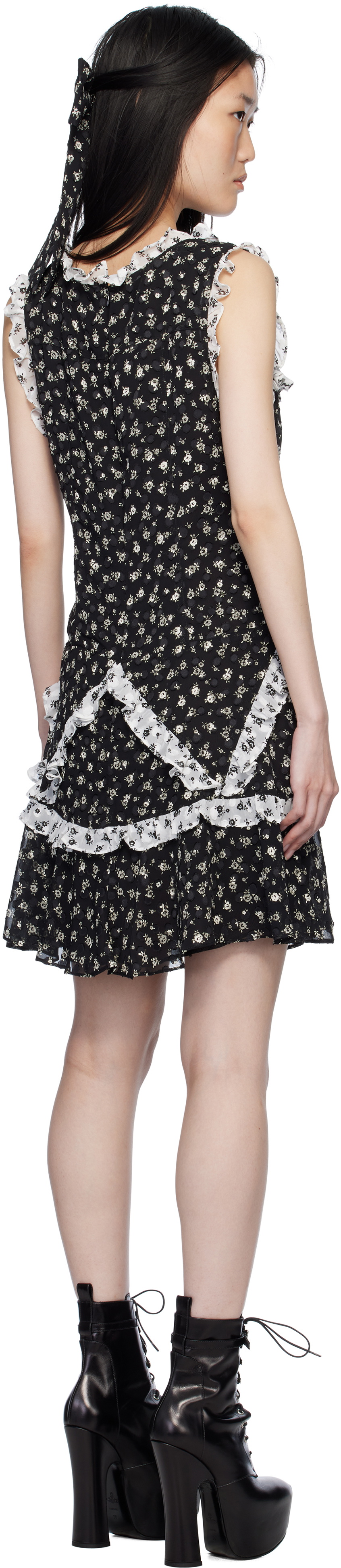 Anna Sui Black Ditsy Dot Chiffon Ruffle Minidress Anna Sui