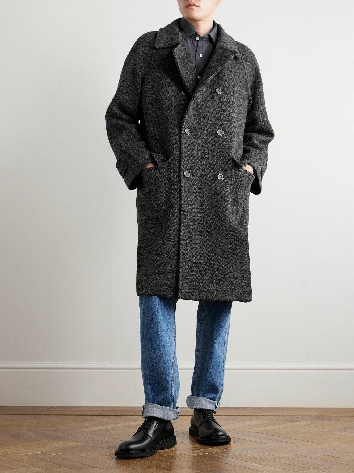 Drake's - Double-Breasted Herringbone Wool Coat - Gray Drake's