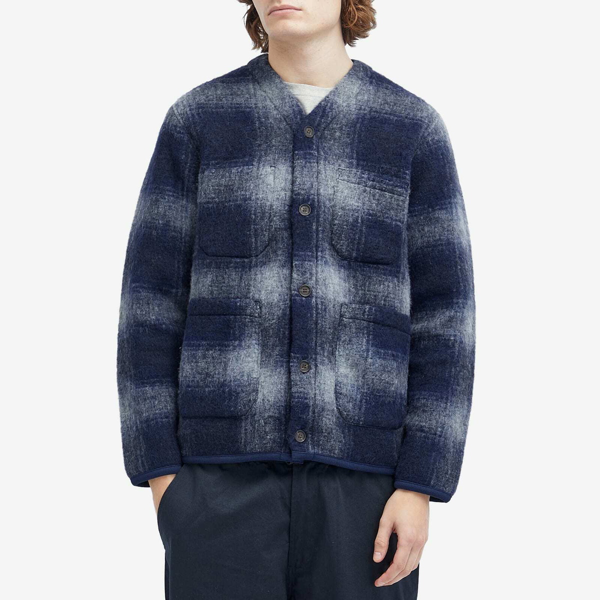 Universal Works Men's Check Wool Fleece Cardigan in Navy/Grey Universal ...