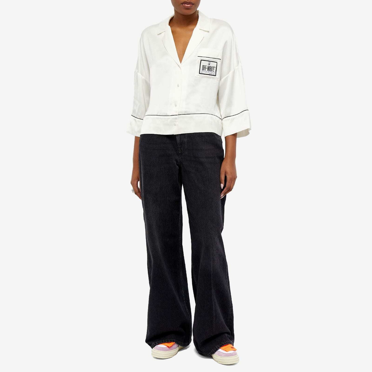 Off-White Women's Satin Pajama Crop Shirt in White Off-White