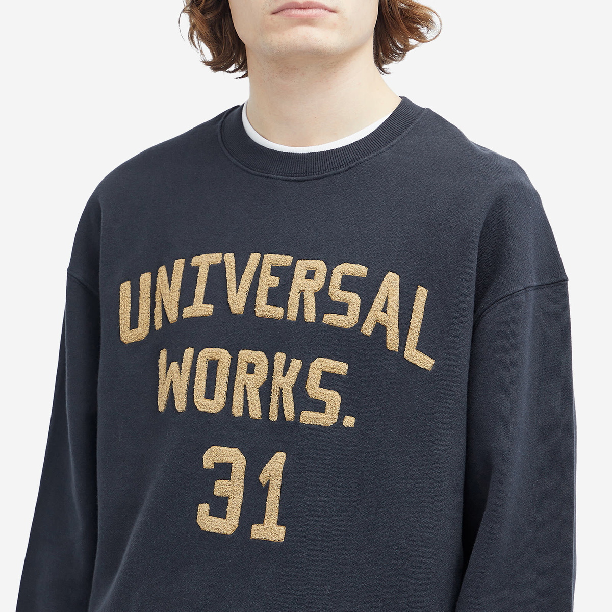 Universal Works Men's Embroidered Crew Sweatshirt in Navy Universal Works