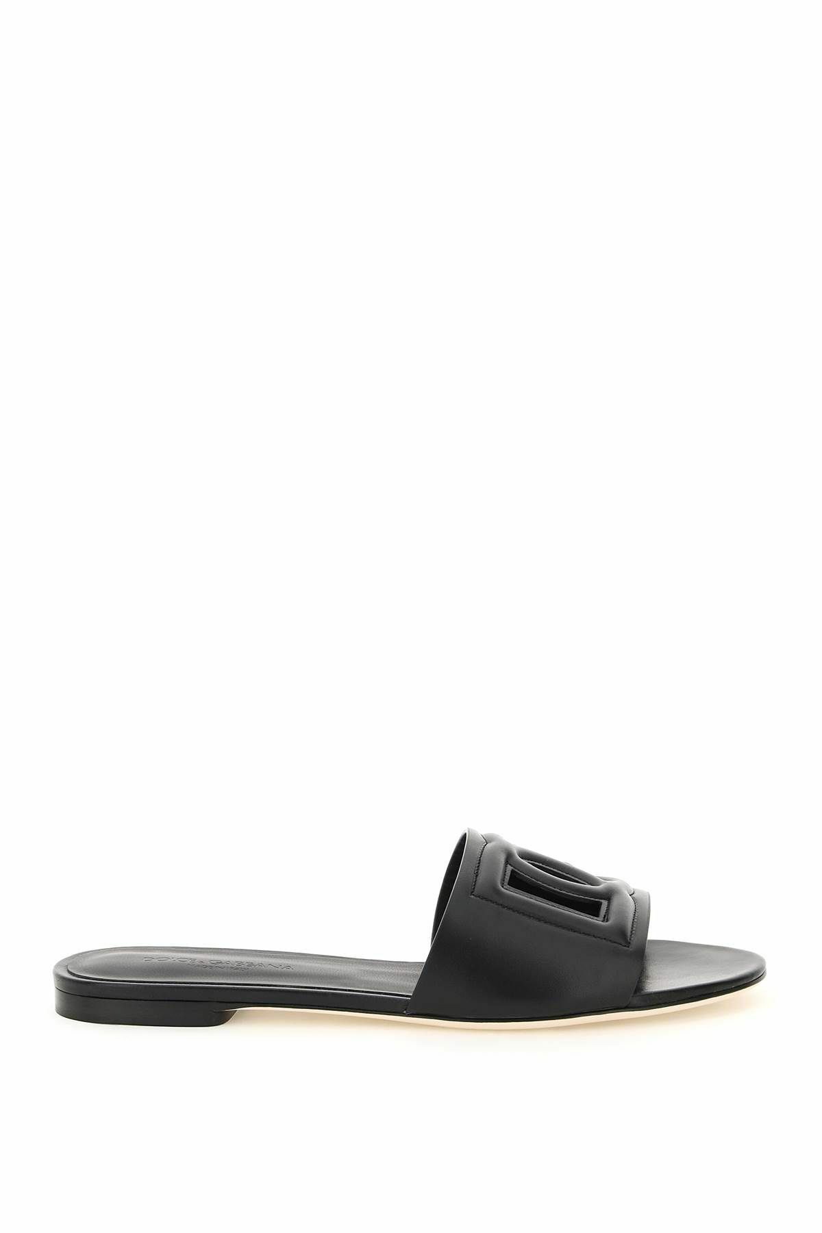 DOLCE & GABBANA leather slides with cut-out logo Black Dolce & Gabbana