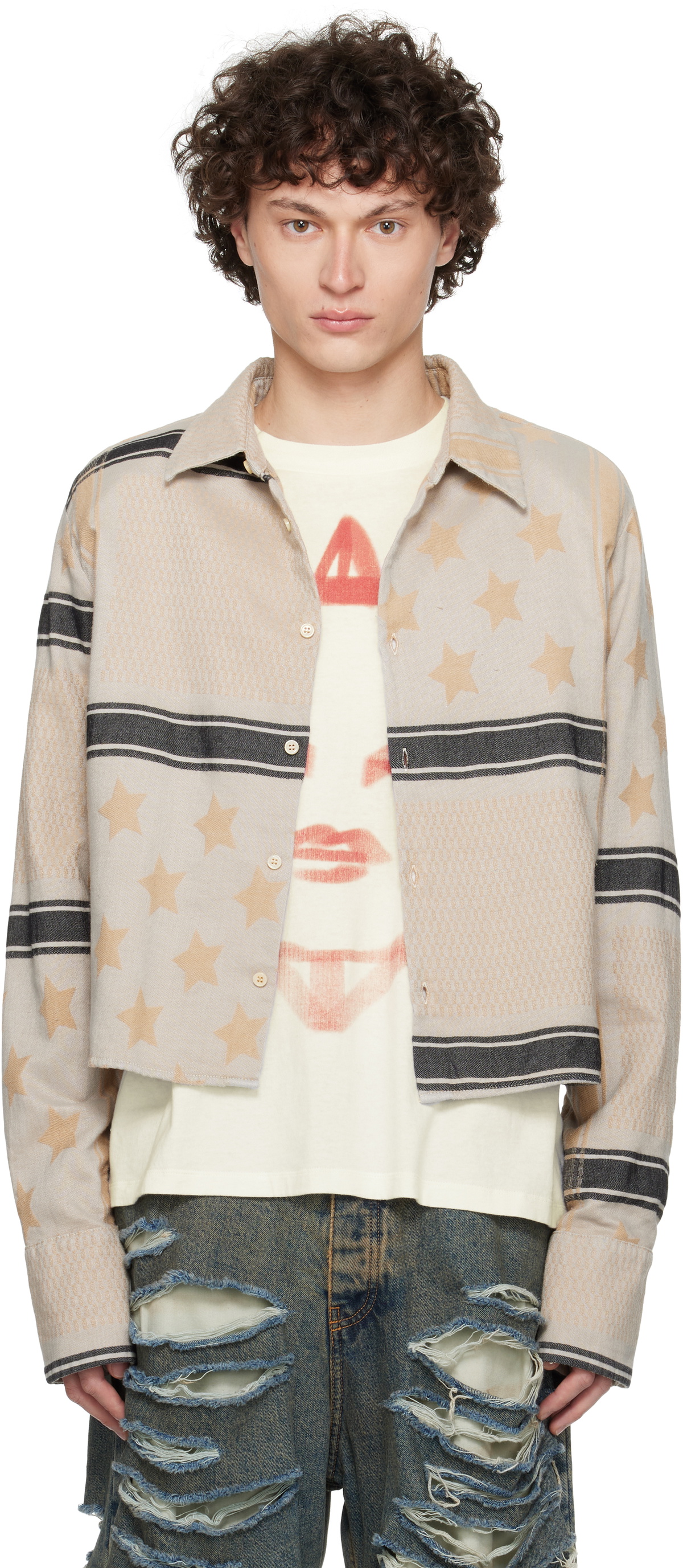 424 Beige Cropped Shoulder Pad Shirt 424