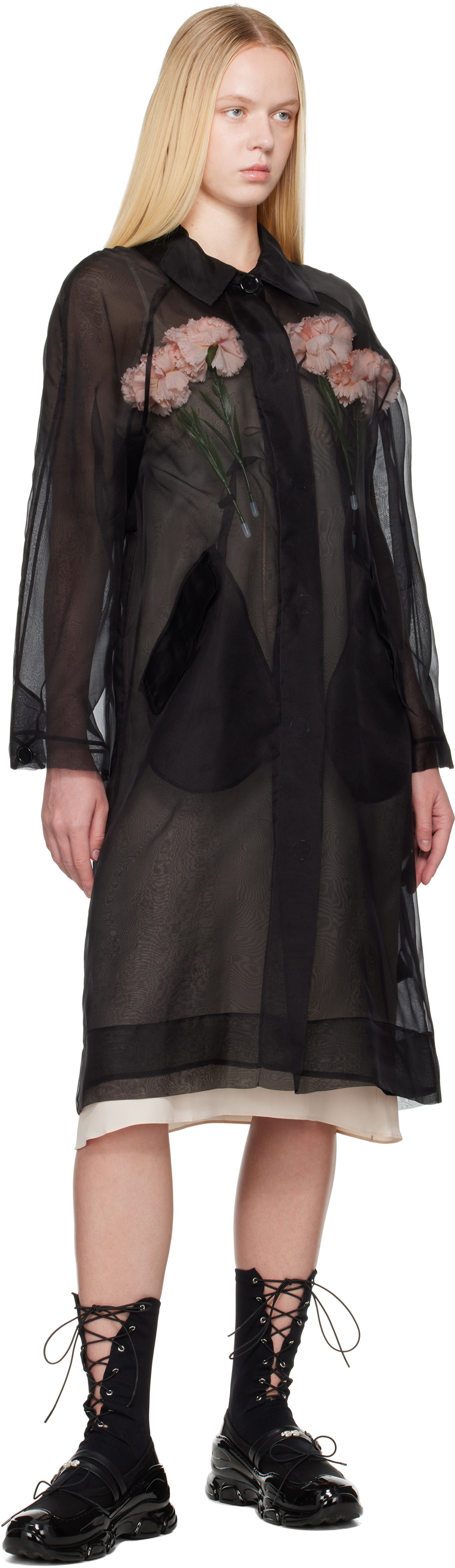 Simone Rocha Black Stuffed Carnation Car Coat Simone Rocha