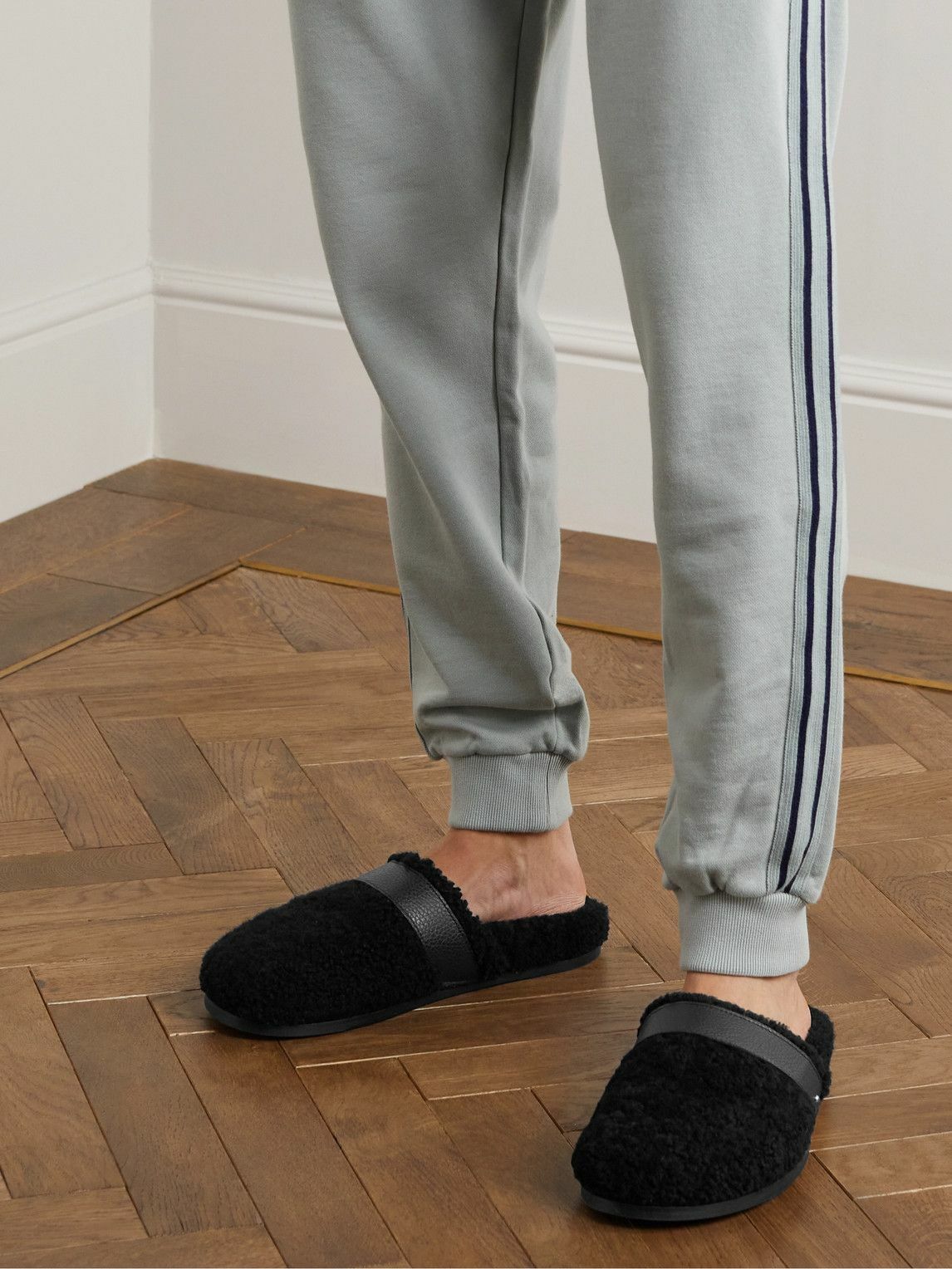 Mr P. - Leather-Trimmed Shearling Slippers - Black Mr P.