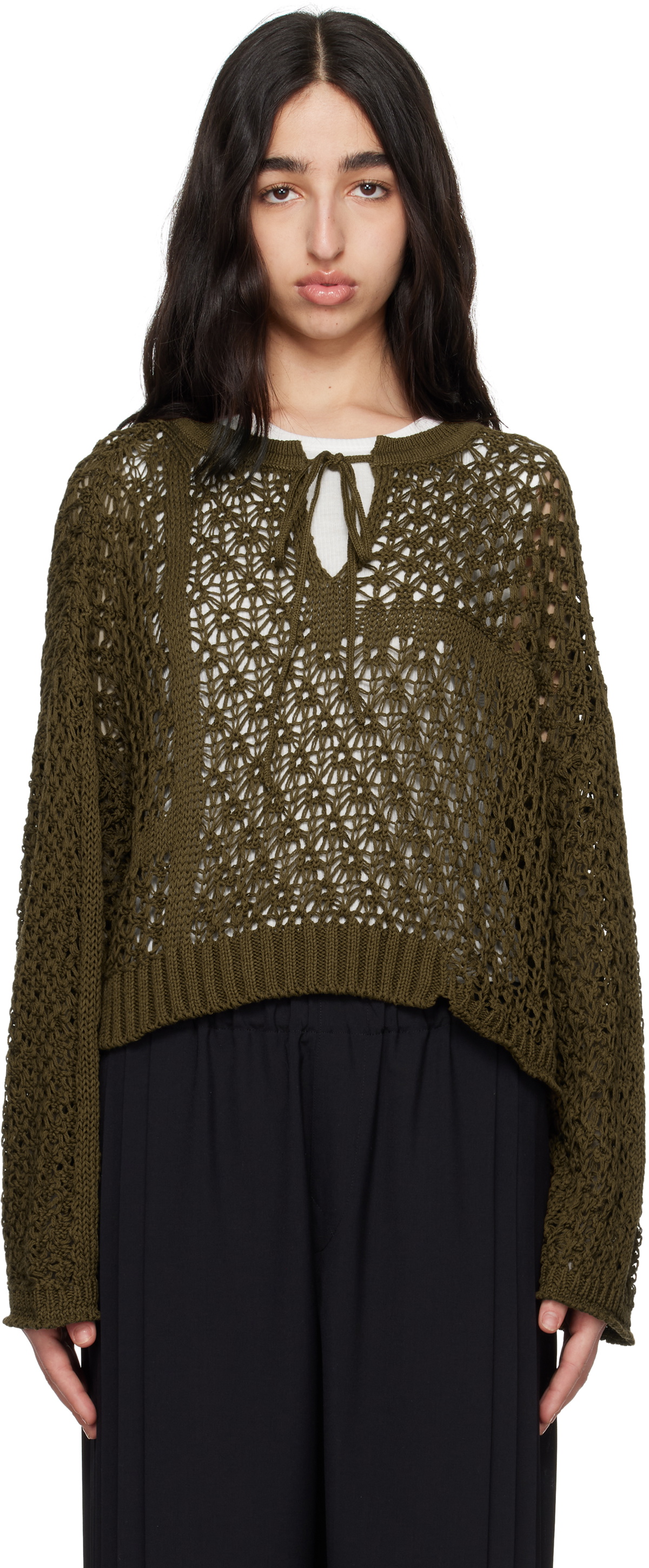 Y's Khaki Openwork Design Henry Wide Sleeve Sweater Ys