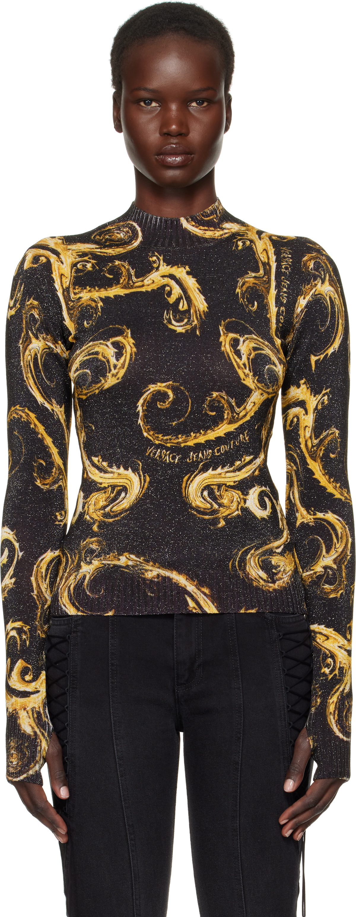 Versace Jeans Couture Black & Gold Chromo Couture Lurex Knit Sweater ...