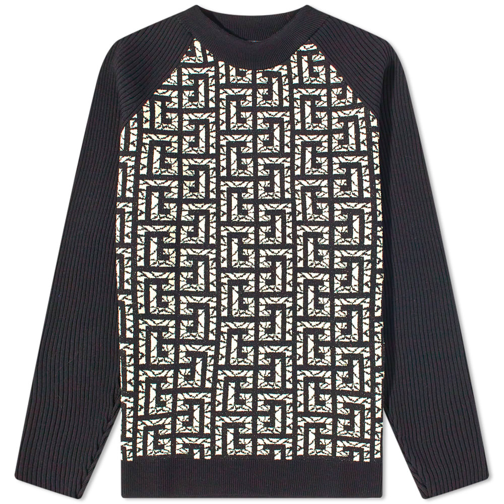 Balmain Men's Marble Monogram Knit Crew Sweat in Black/Natural Balmain